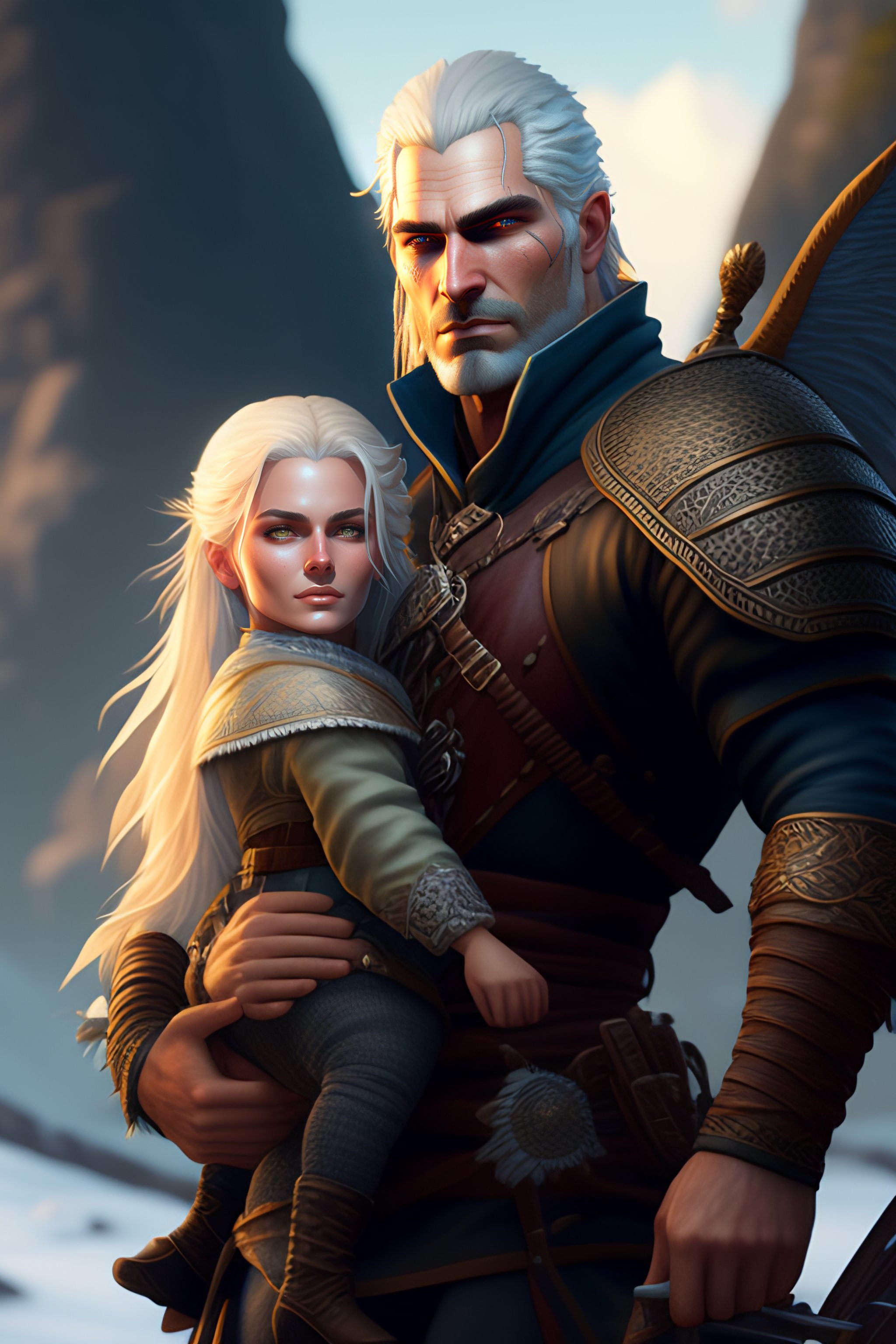 Lexica - Highly detailed portrait of geralt of rivia holding a ciri who ...