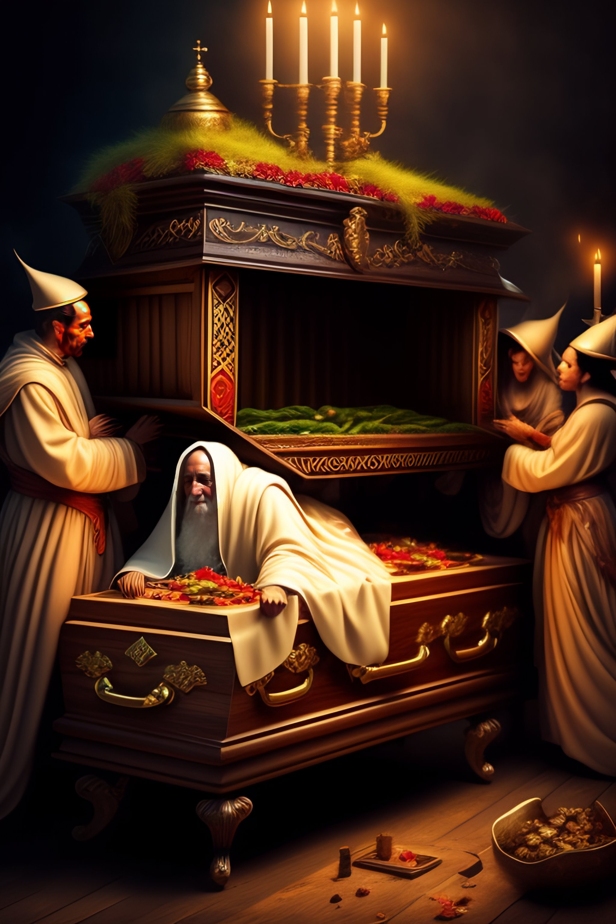 Lexica - A dead rotting pope in a coffin surrounded by a witches feast