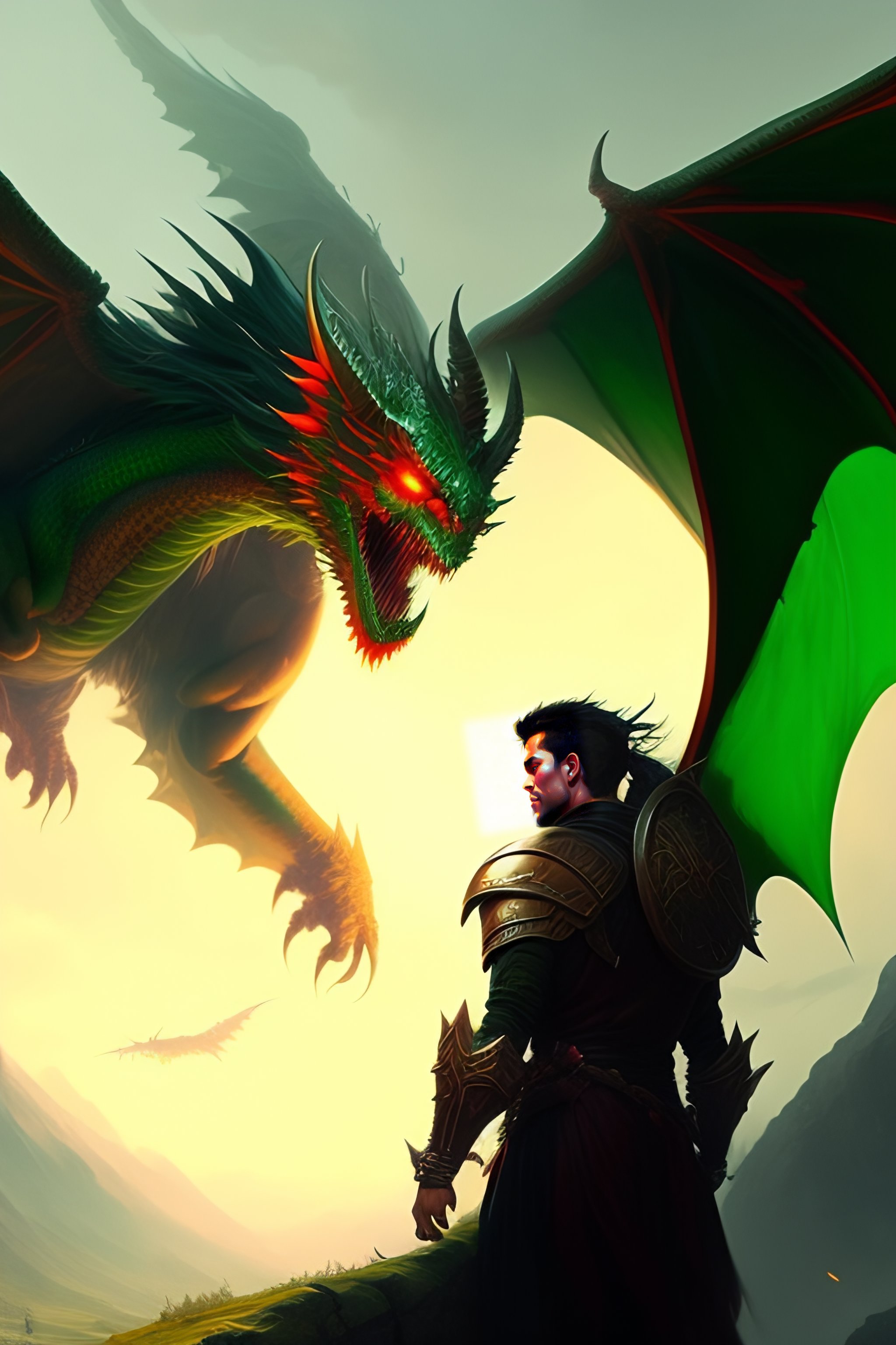 Lexica - One green dragon fighting a red dragon in the sky, by greg ...