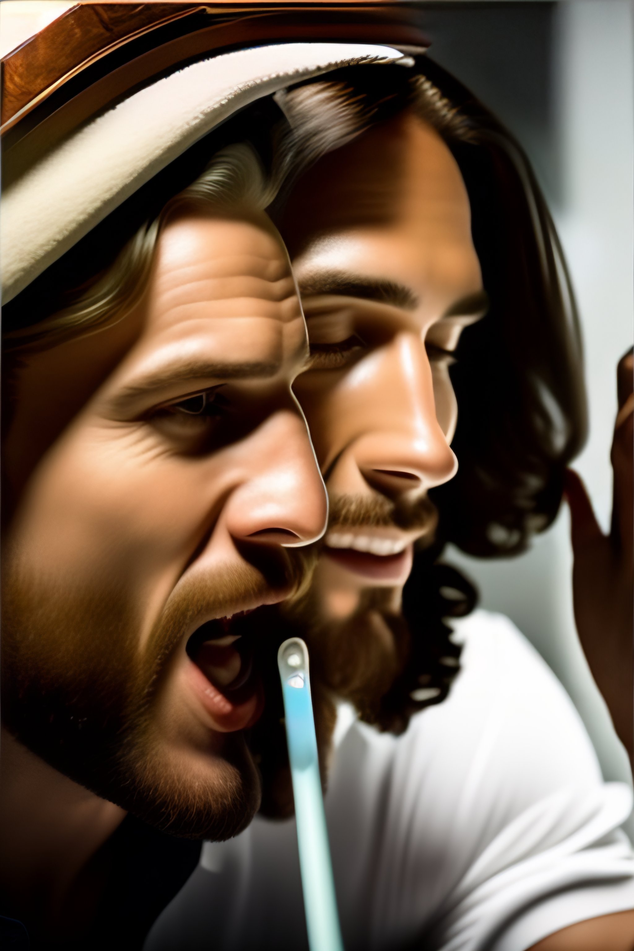 Lexica - Jesus brushing his teeth, while looking in a mirror, natural ...