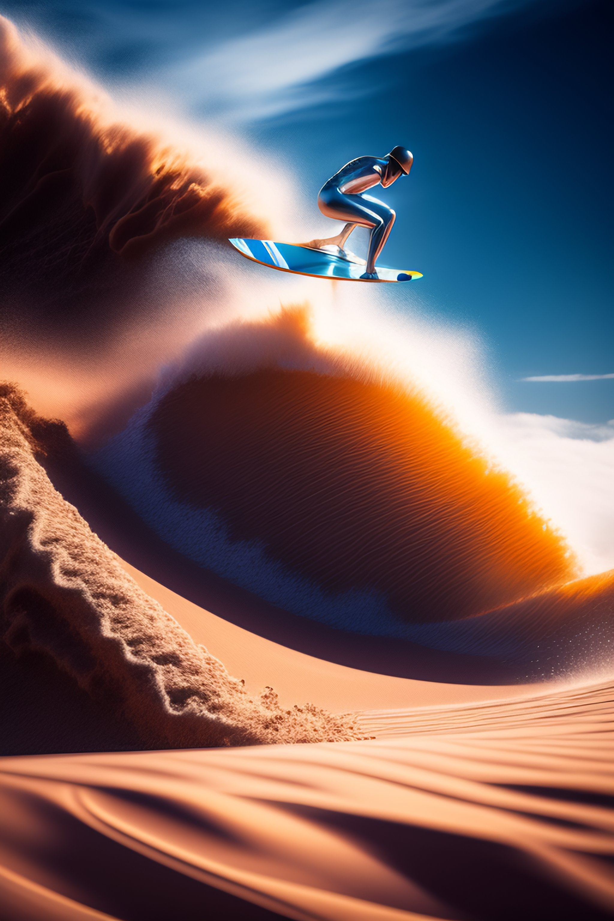 Lexica - Silver surfer, on top of his surf board, silver board, surf ...