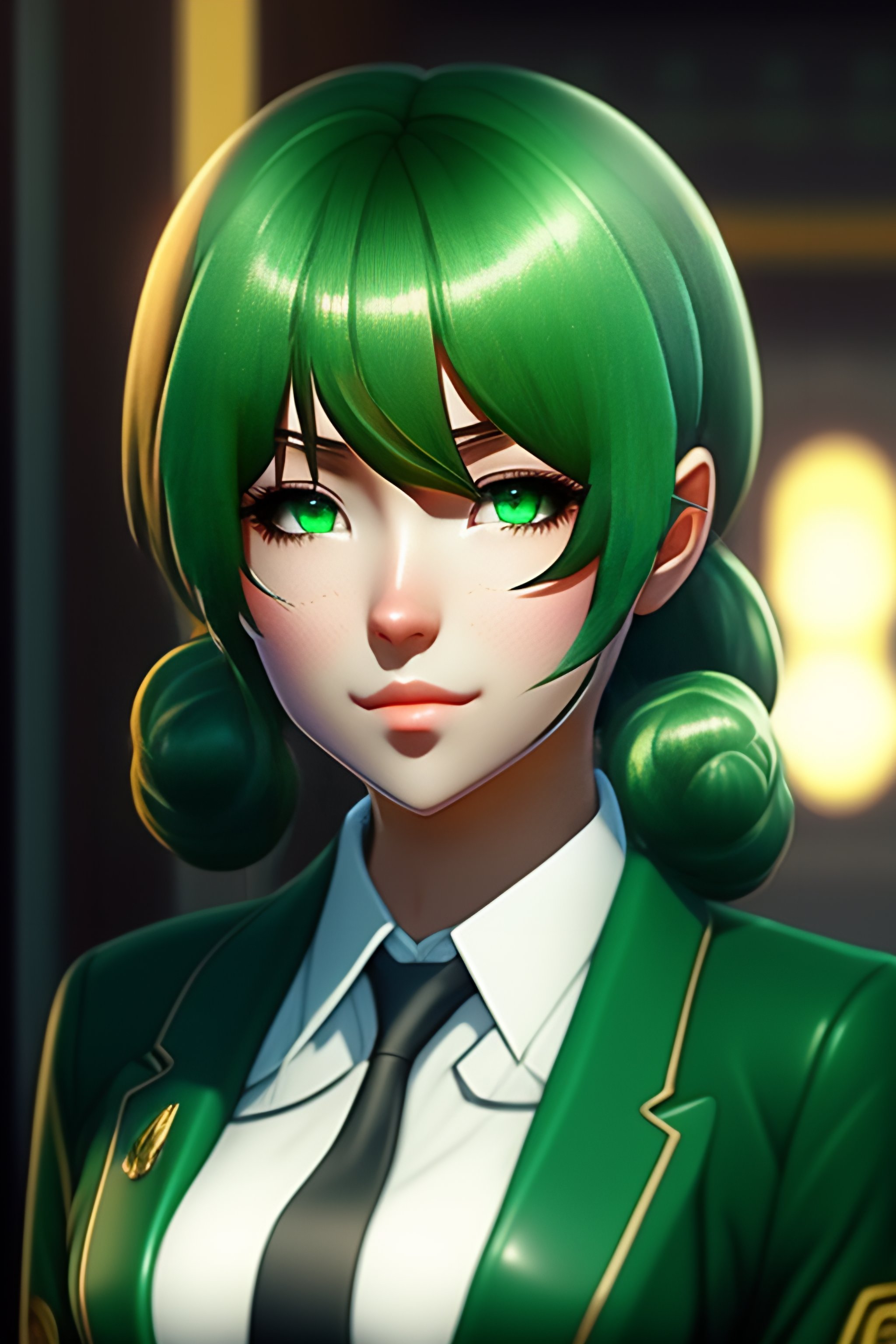 Lexica - Anime,light green hair pigtails,small smirk,black suit,short ...