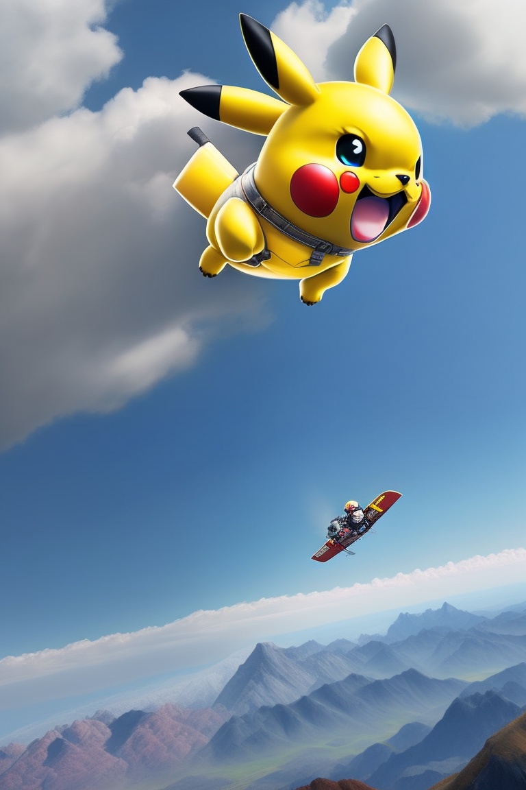 Lexica - Pikachu skydiving with ash,greeninja from mountain