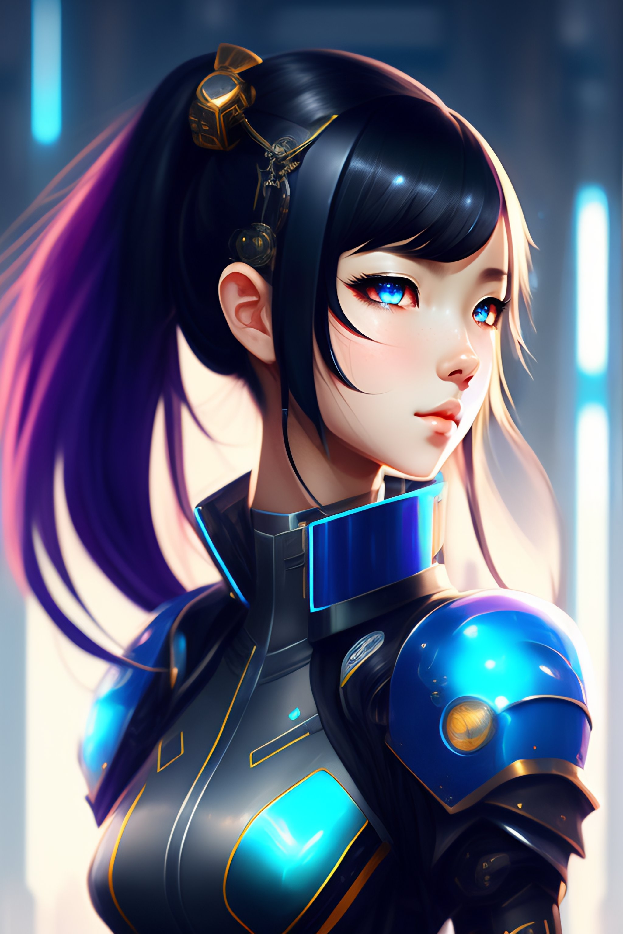 Lexica - Black and blue mecha, 11-year-old girl, elf ears, black hair ...
