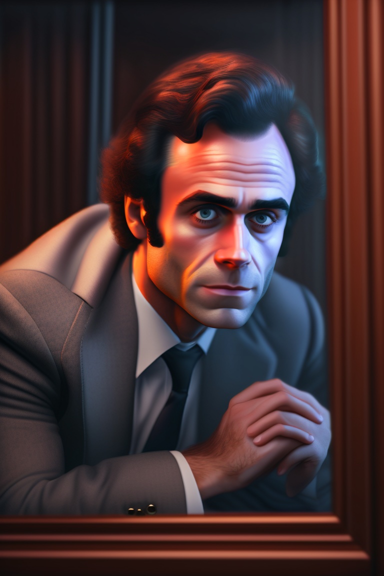 Lexica - Ted Bundy locking at the camera , horror , dark room , super ...