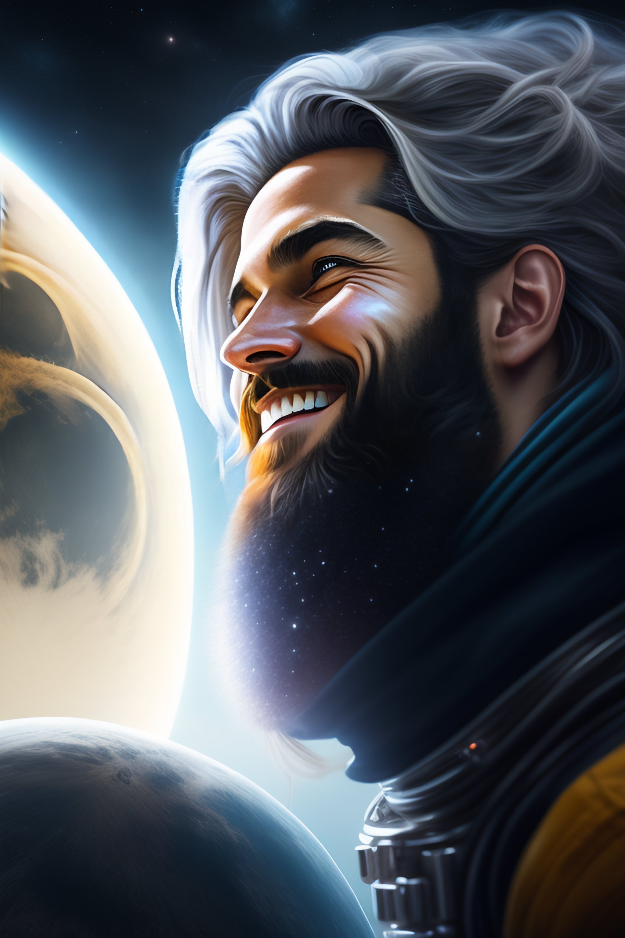 Lexica - Portrait of a smiling male gray long hair and beard astronaut ...
