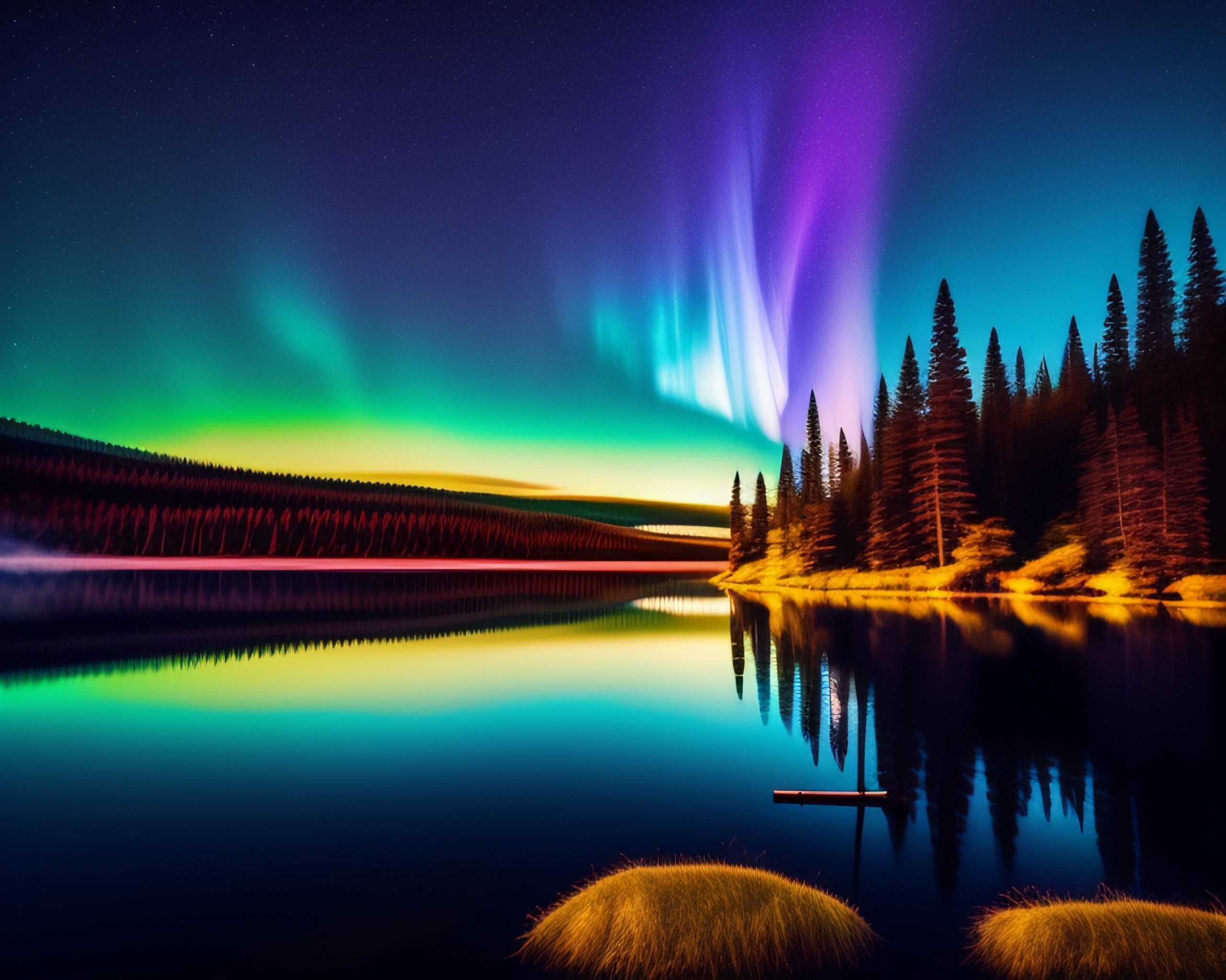 Lexica - A beautiful northern lake at night with pine trees, logs, lily ...