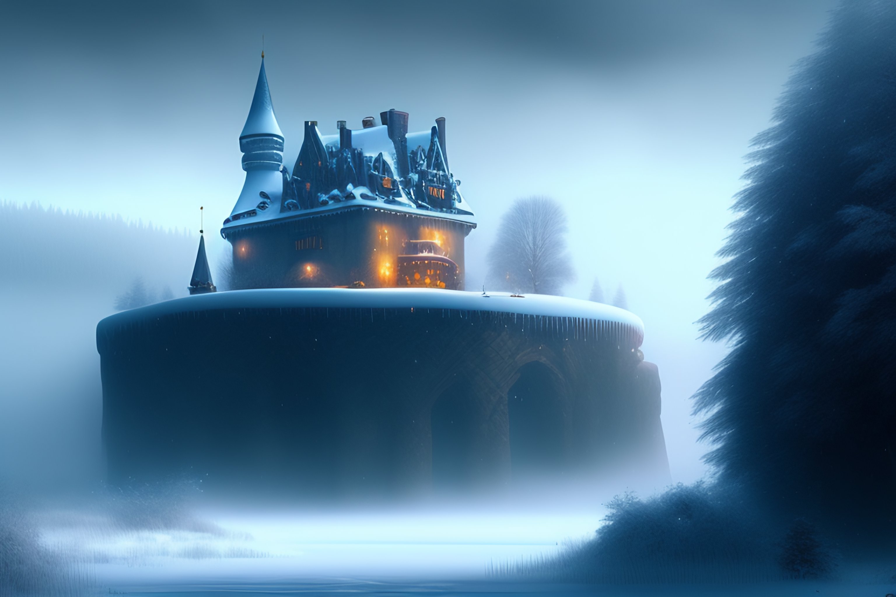Lexica - A snowy magical fantasy tranquil foggy landscape with a ...