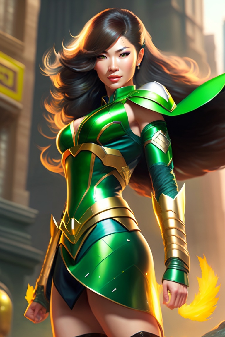 Lexica - Marvel's Sersi full body, Gemma Chan, green dress and armor ...