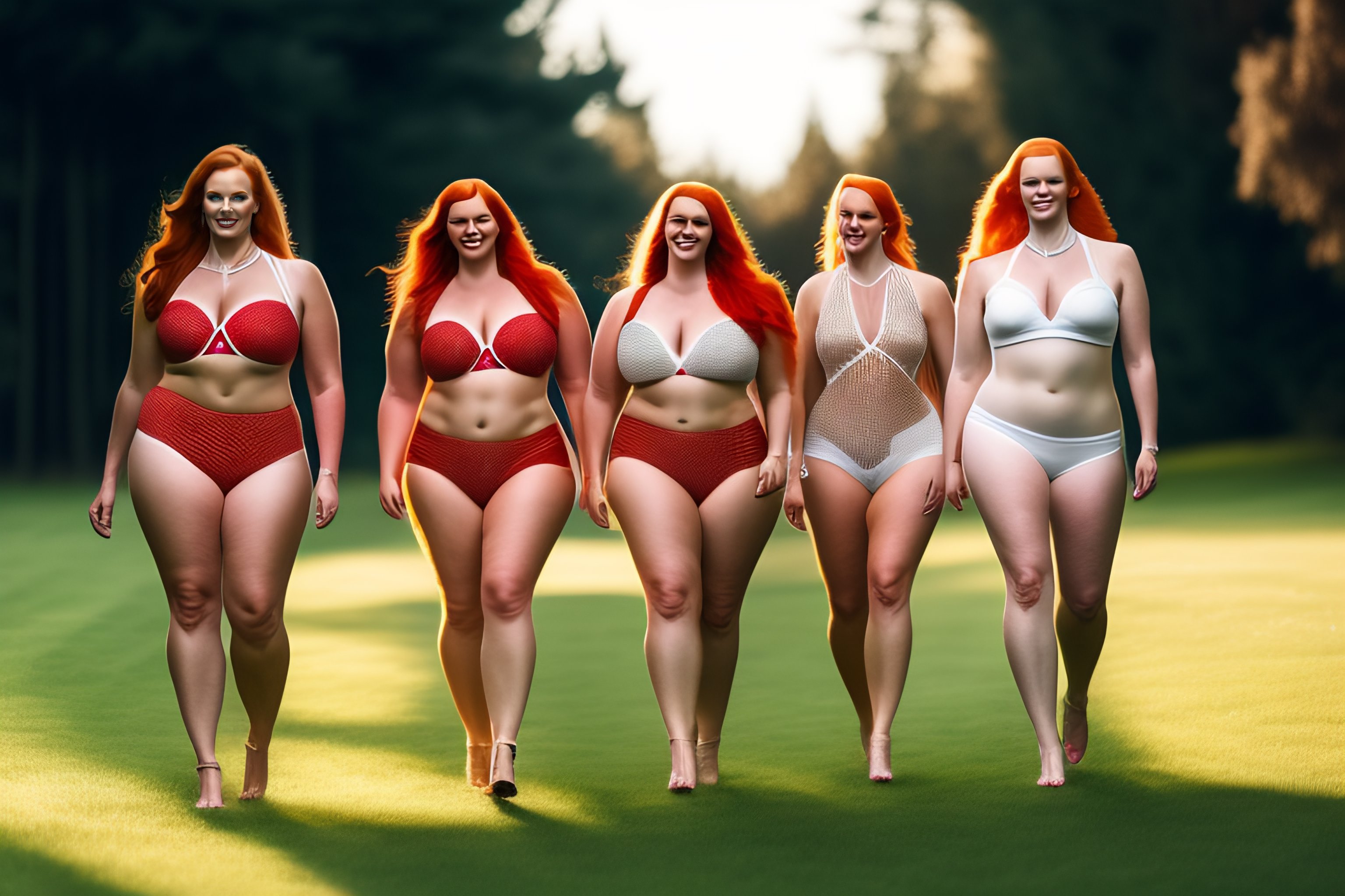 Lexica A Group Of Symmetrical Smiling Plus Size Redhead Woman Dressed