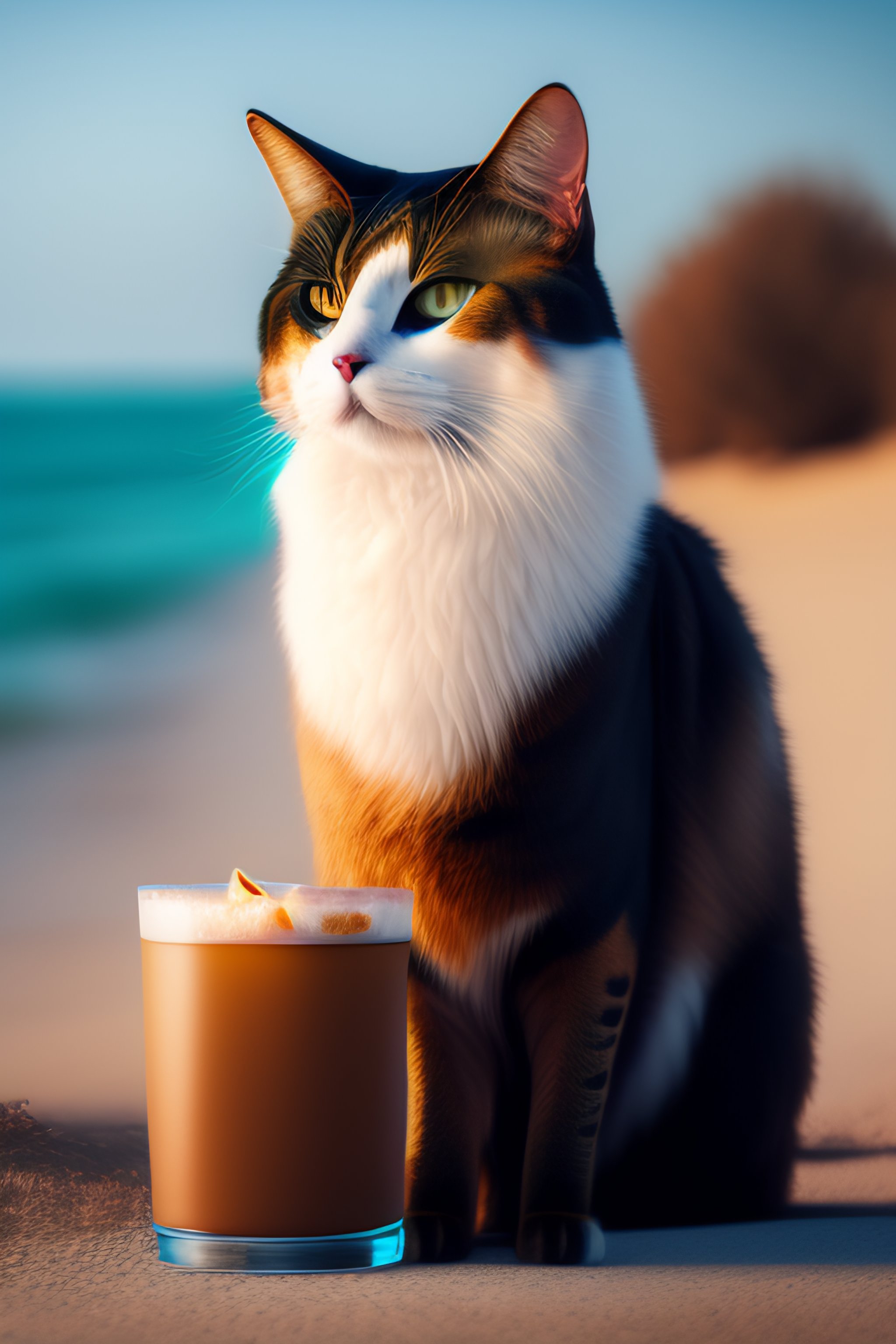 Lexica - Create a portrait of a cat in 4k sitting by the beach sipping ...