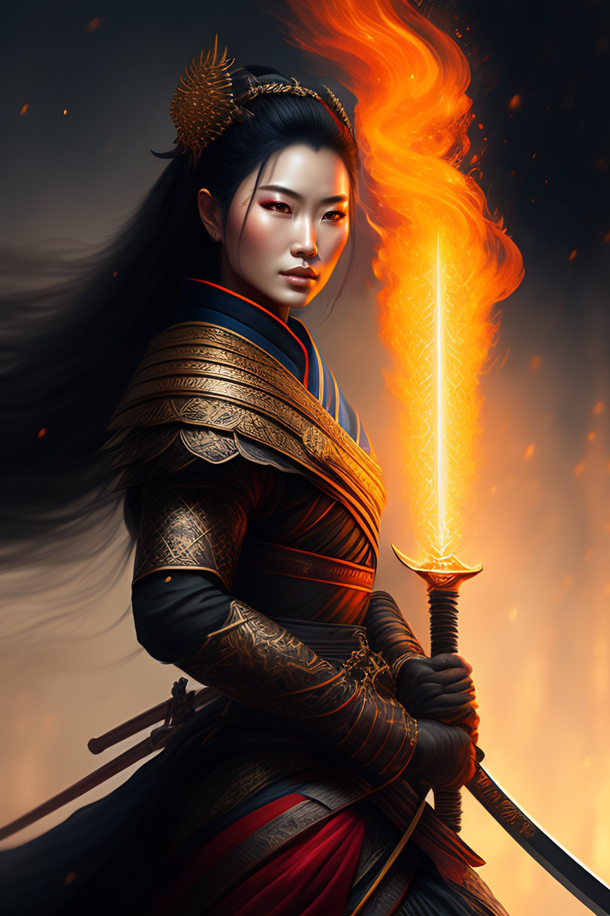 Lexica - A detailed picture of a female samurai holding a flaming ...