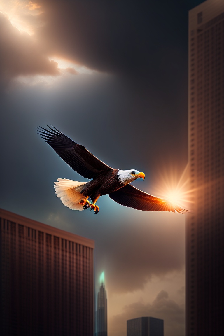 Lexica - A bald eagle flying over a large city, With rhe America flag ...