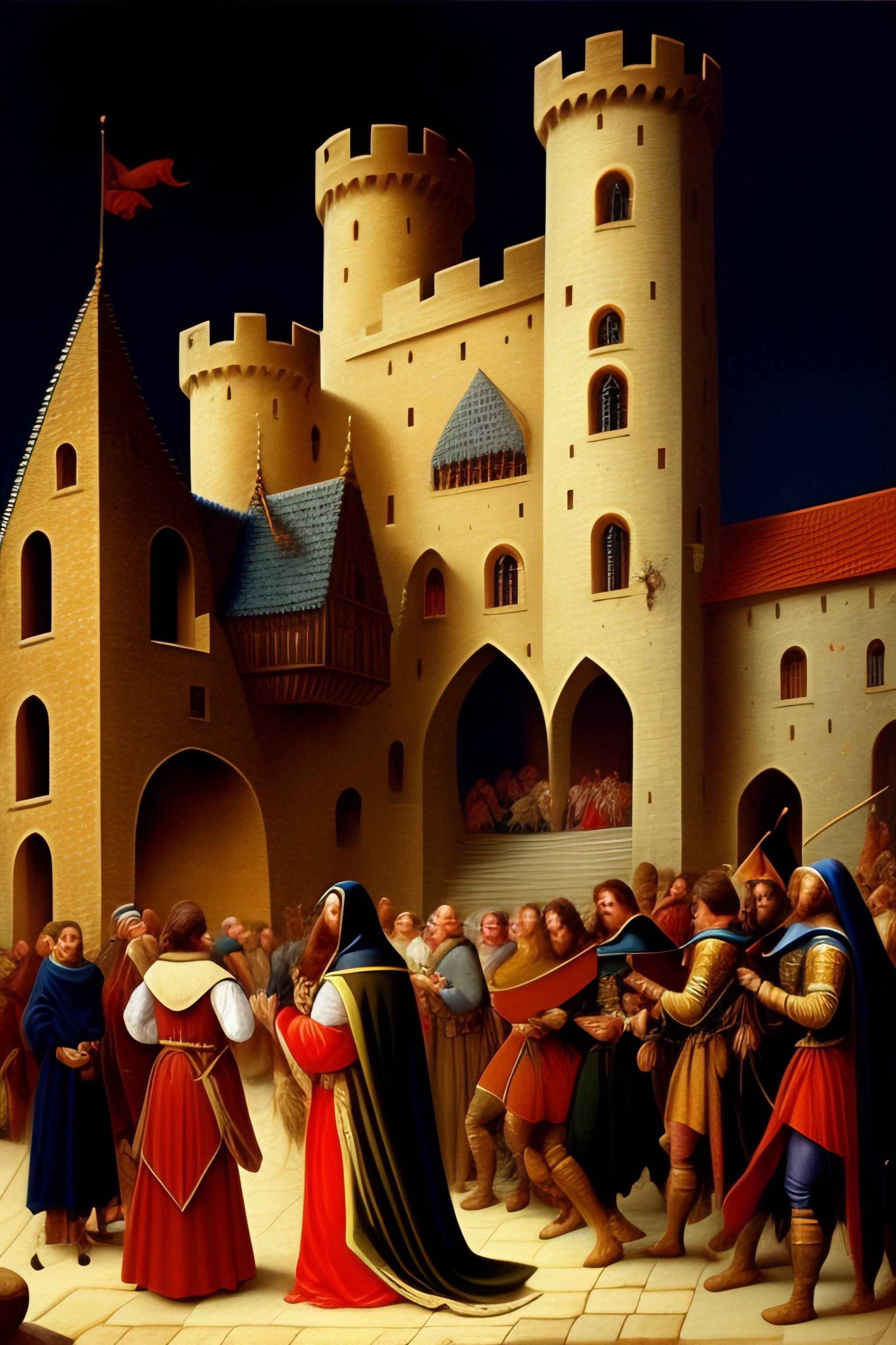 Lexica - Medieval scene with a lot of people around a Castle with a lot ...