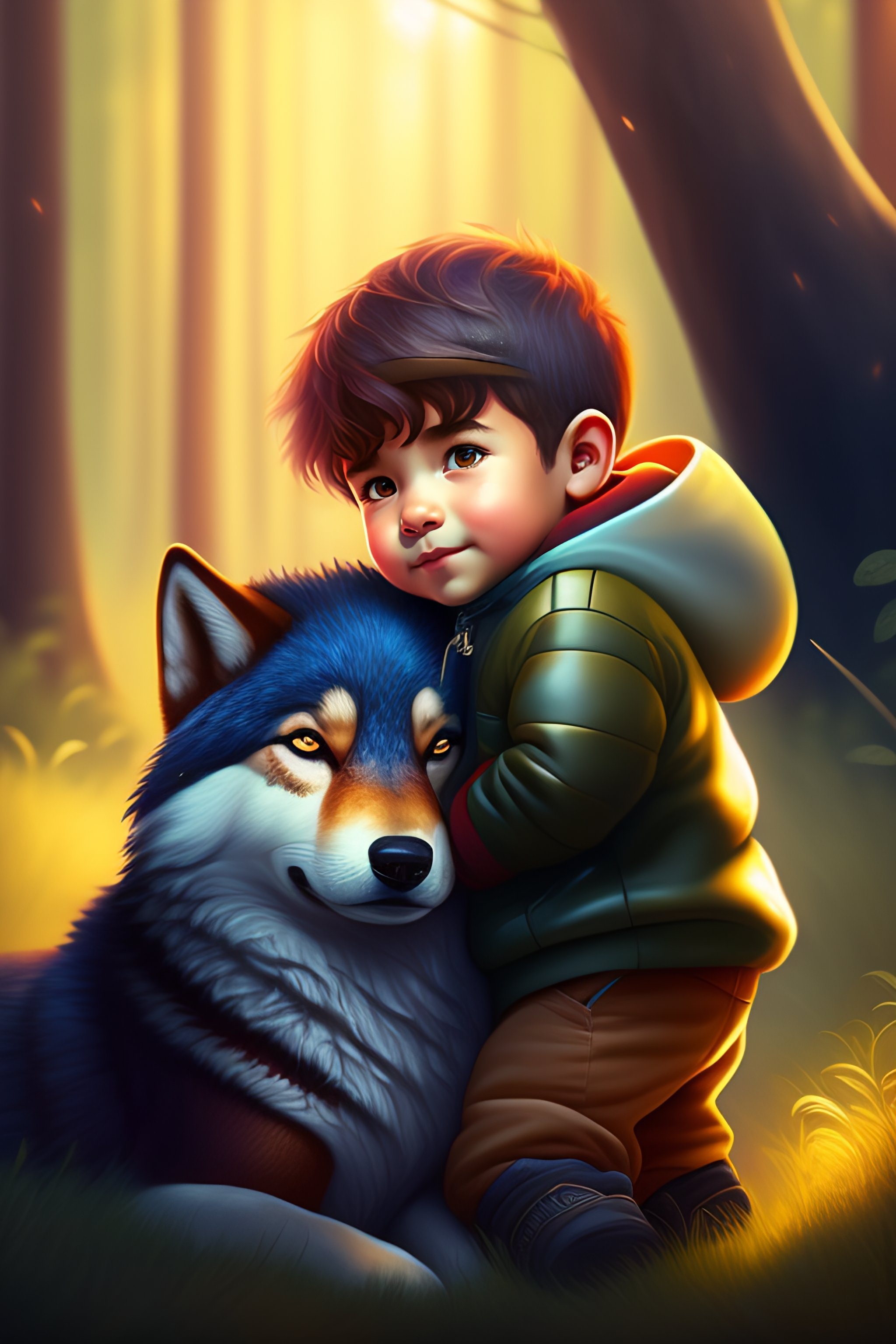 Lexica - A cinematic portrait of a little boy cuddling with a big wolf ...