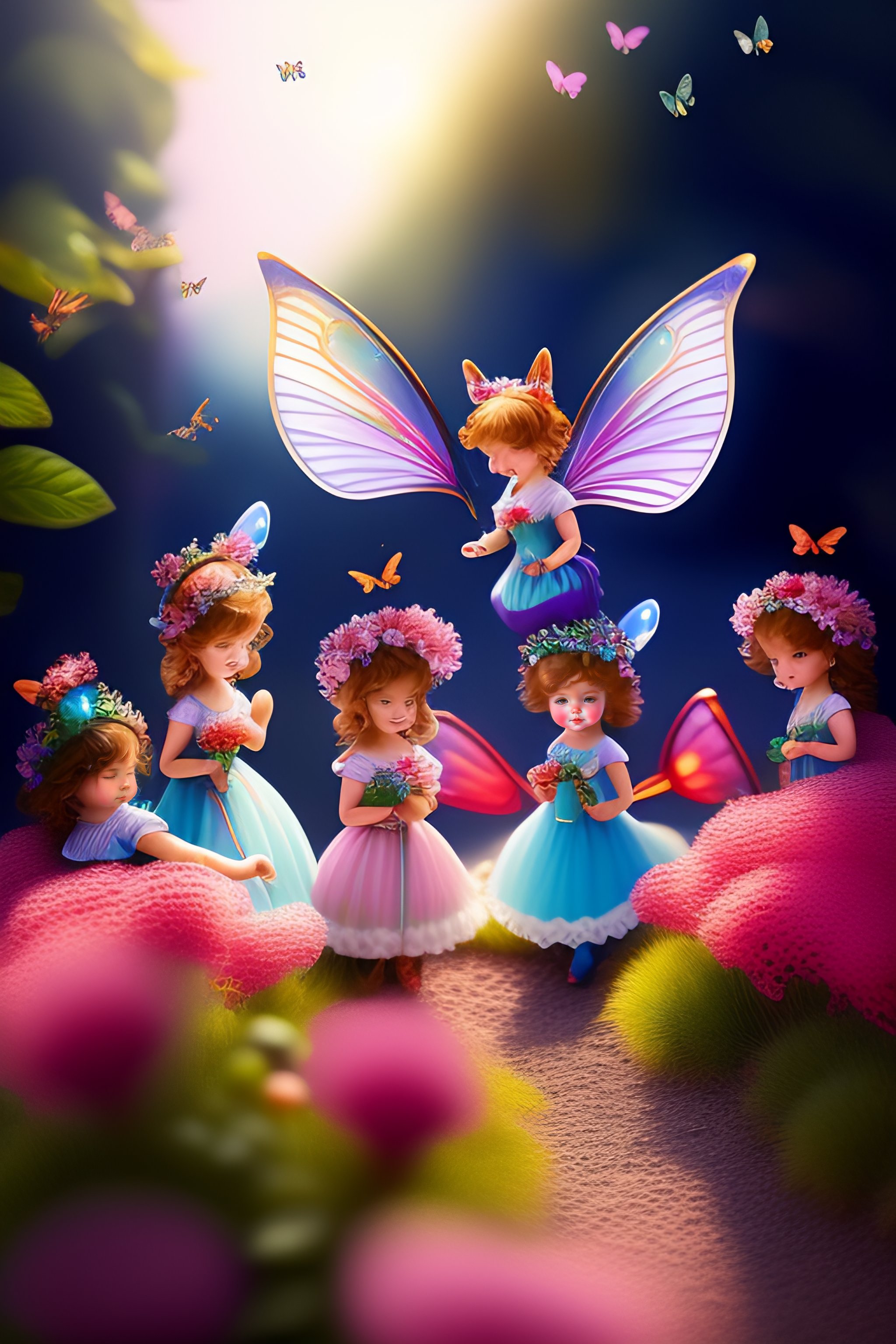 Lexica - Group of fairies flitting about among the flowers