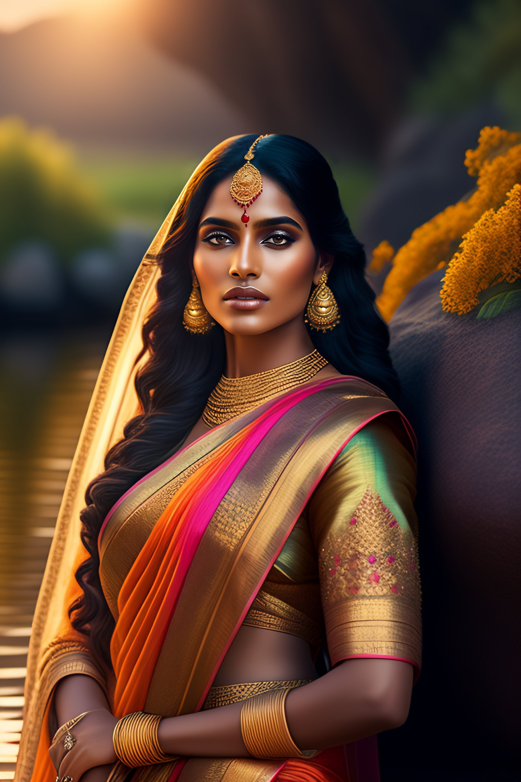 Lexica - Portrait of 1 pure young India woman reclining on a stone ...