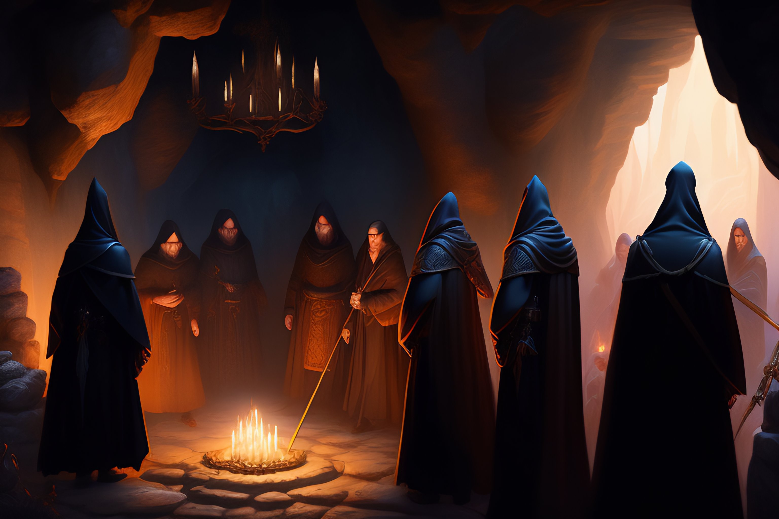 Lexica - Interior medieval cave, Group men in black robes, hoods, evil ...