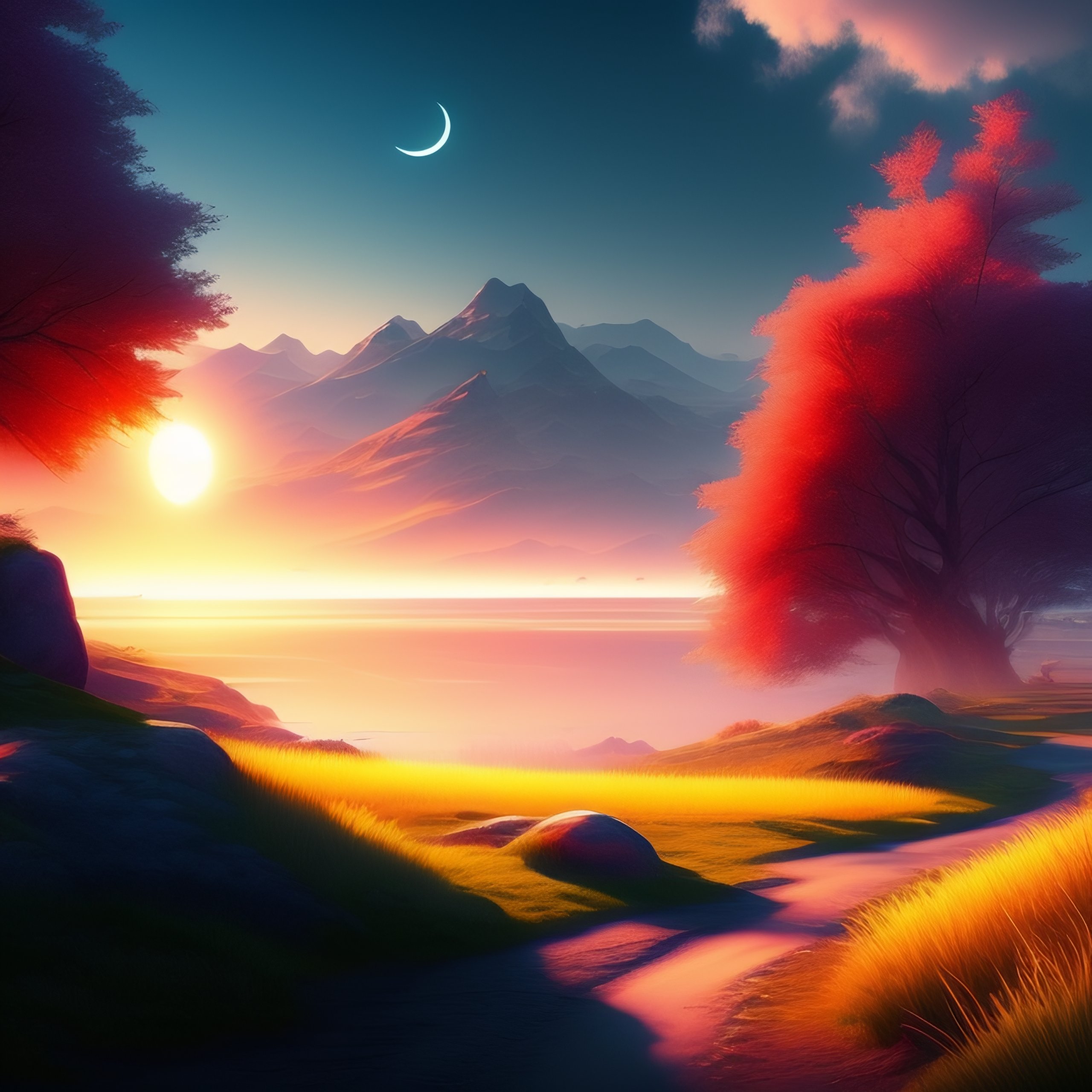 Lexica - Amazing beautiful scenery, spring, way, distance, rising sun ...