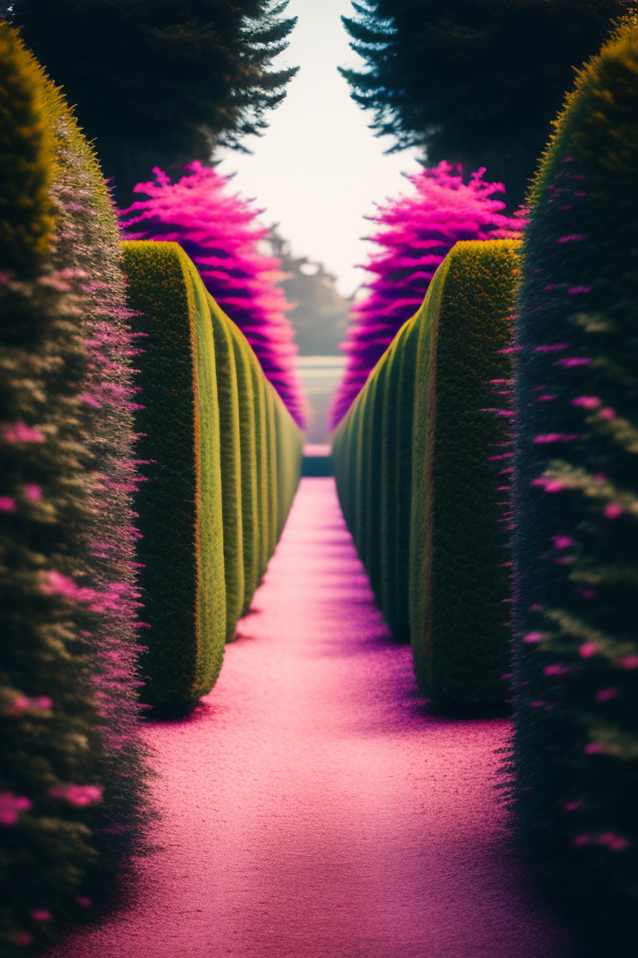 Lexica - Tall hedge maze, pink mist, minimal, vintage, scary