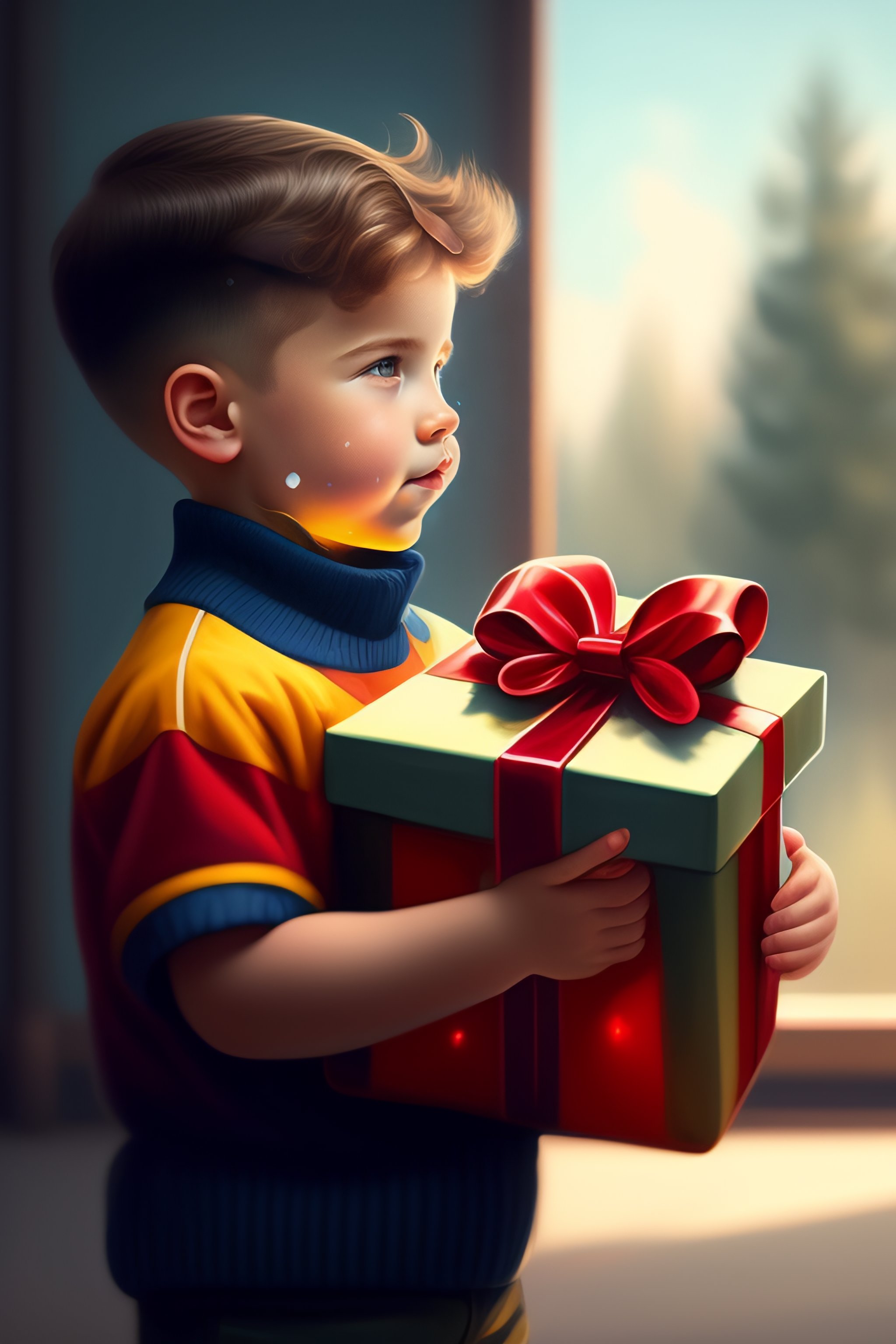 Lexica - A cute boy with a giftbox with bow and ribbon in a painting ...