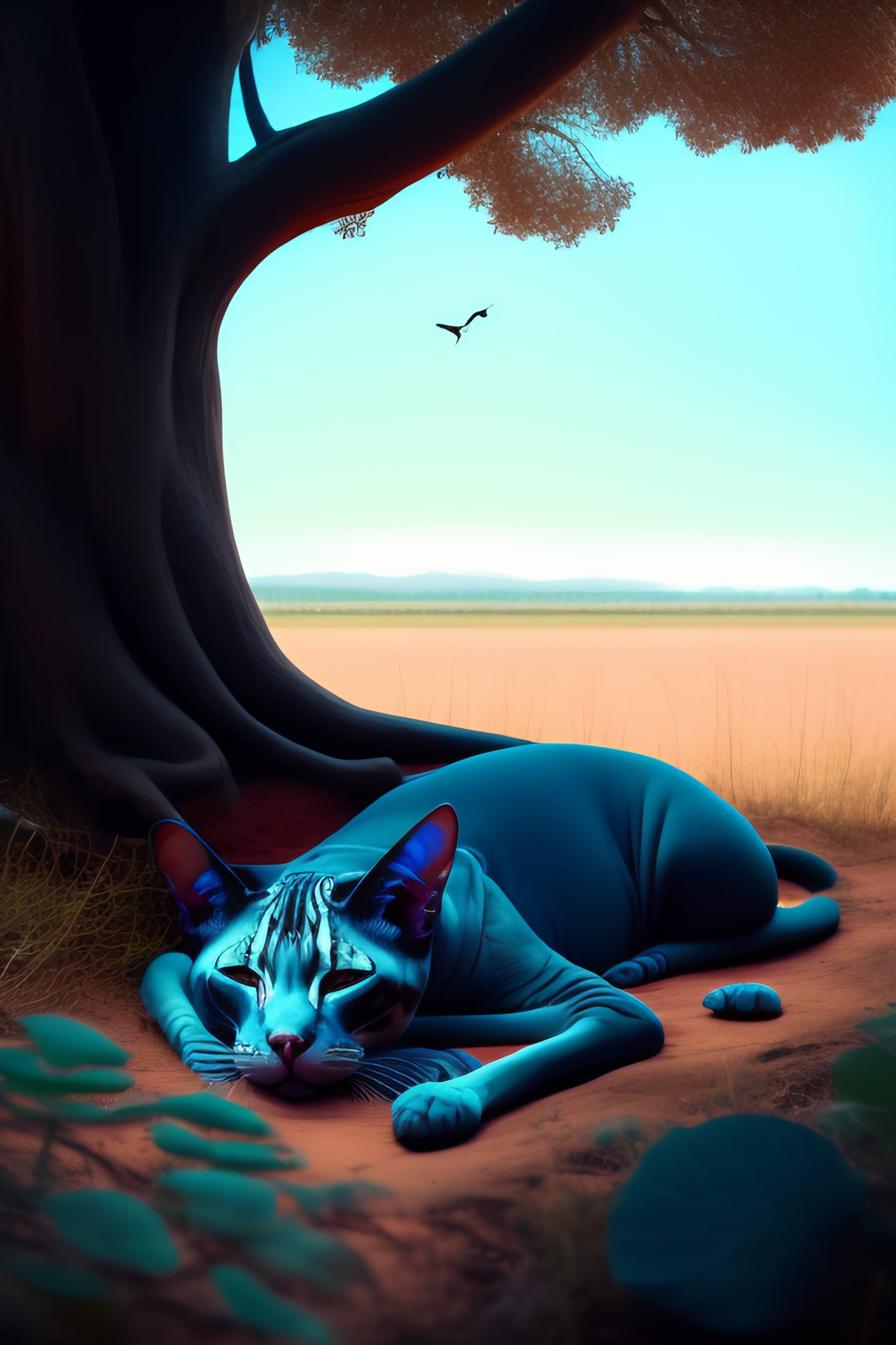 Lexica - Wide angle view from a distance of a sphinx cat sleeping under ...