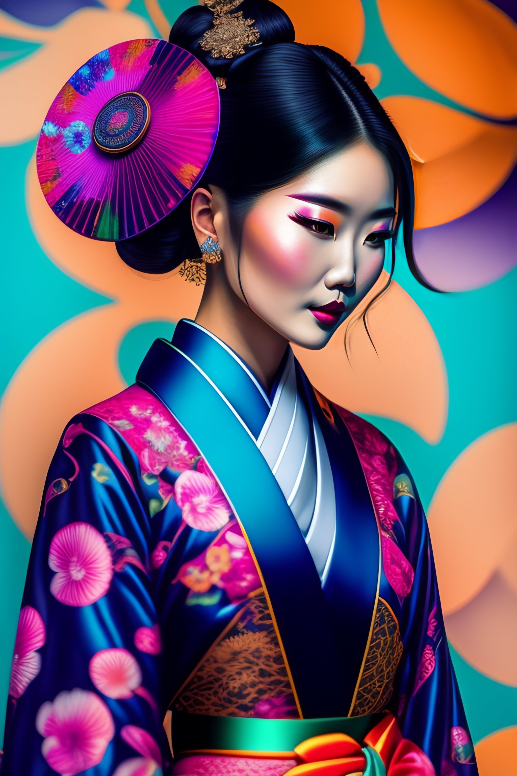 Lexica - Detailed kimono and geisha bow portrait, in ocular neon colors ...