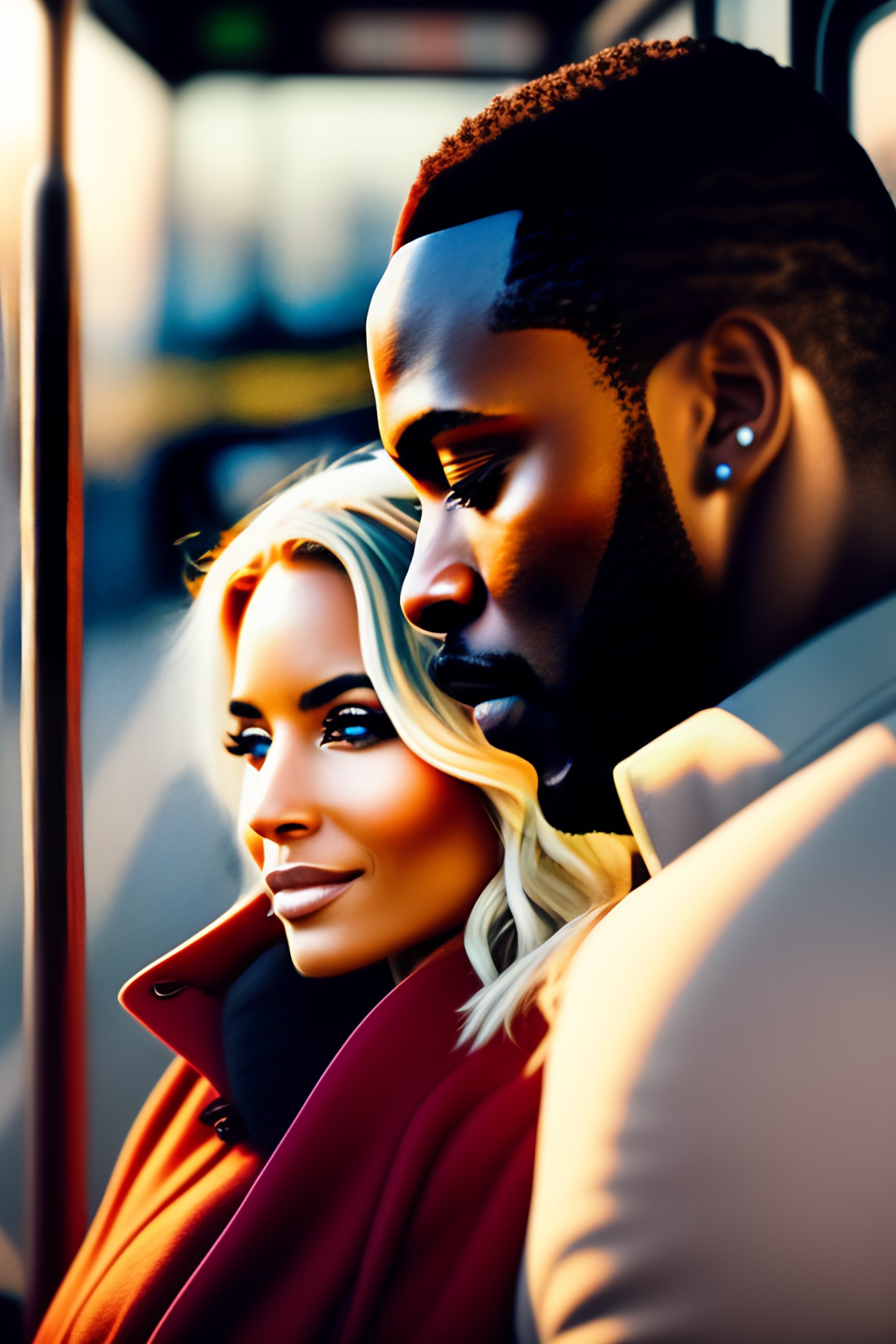 Lexica - A blonde woman and a black man holding hands on a city bus ...