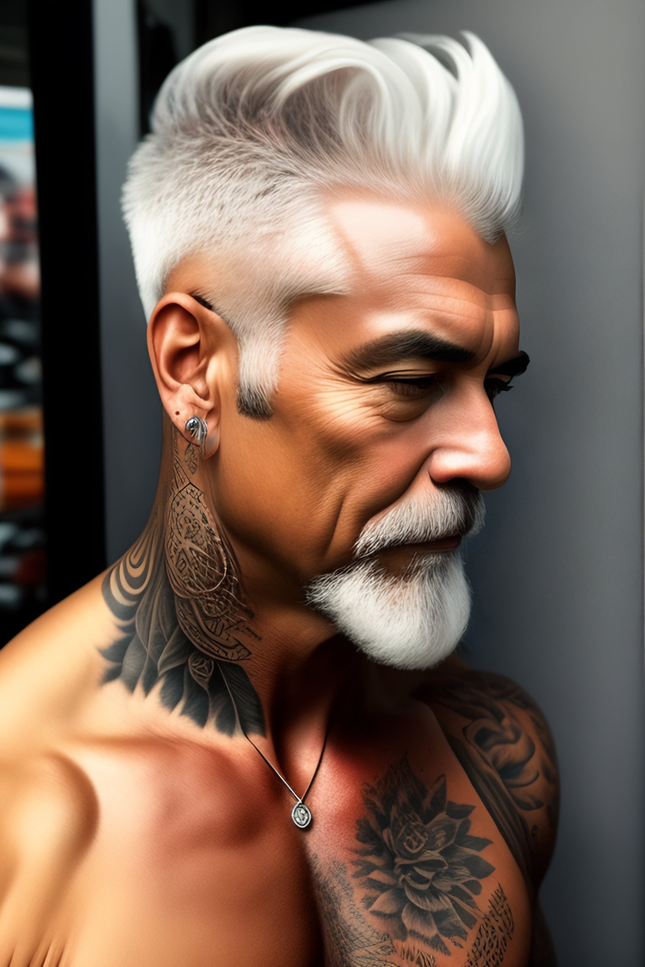 Lexica - Man grey hair strong tattoos butcher