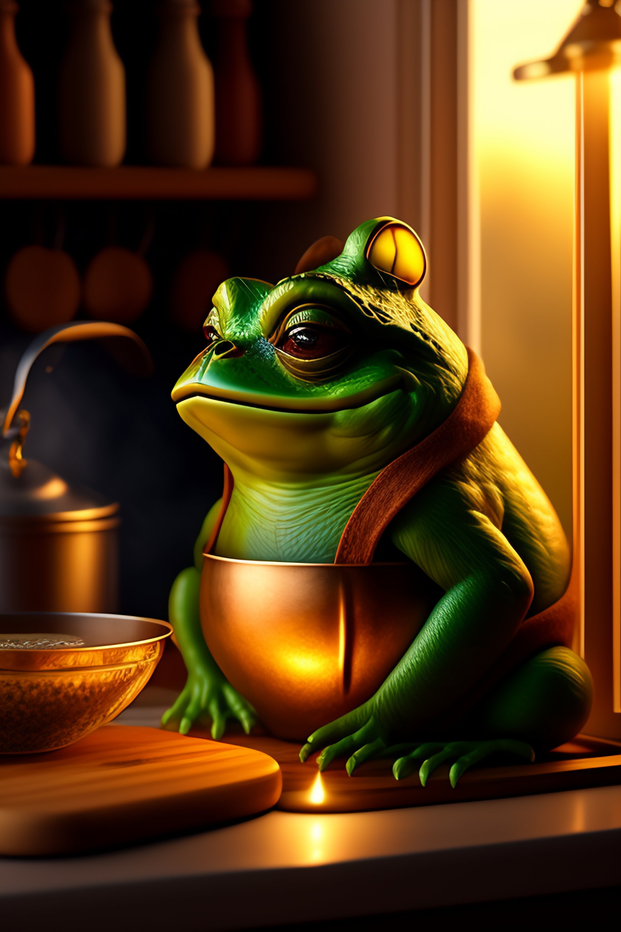 Lexica - An exhausted pepe the frog cooking dinner with an apron on ...