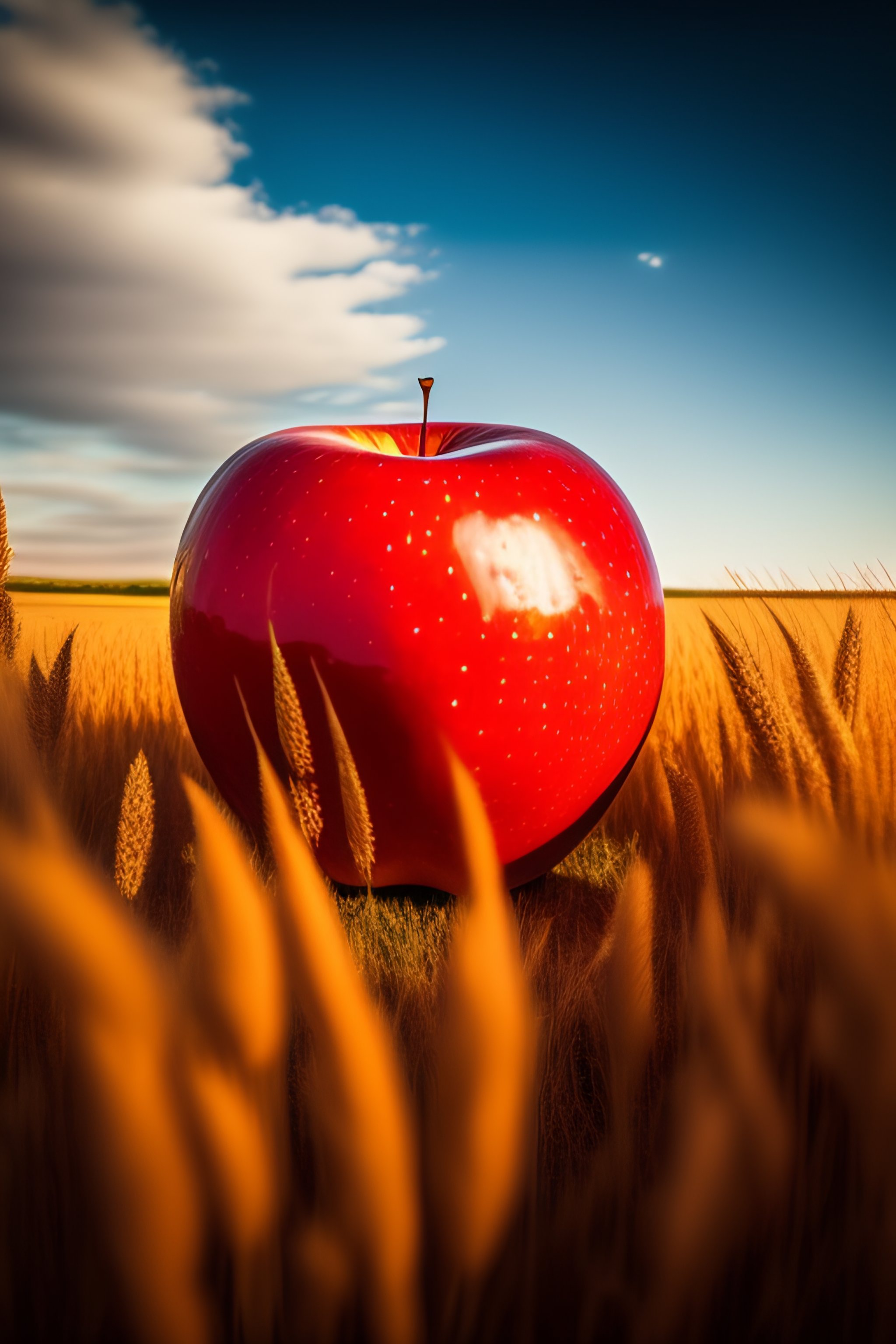 Lexica - Giant red apple on top of a barn in a field of wheat