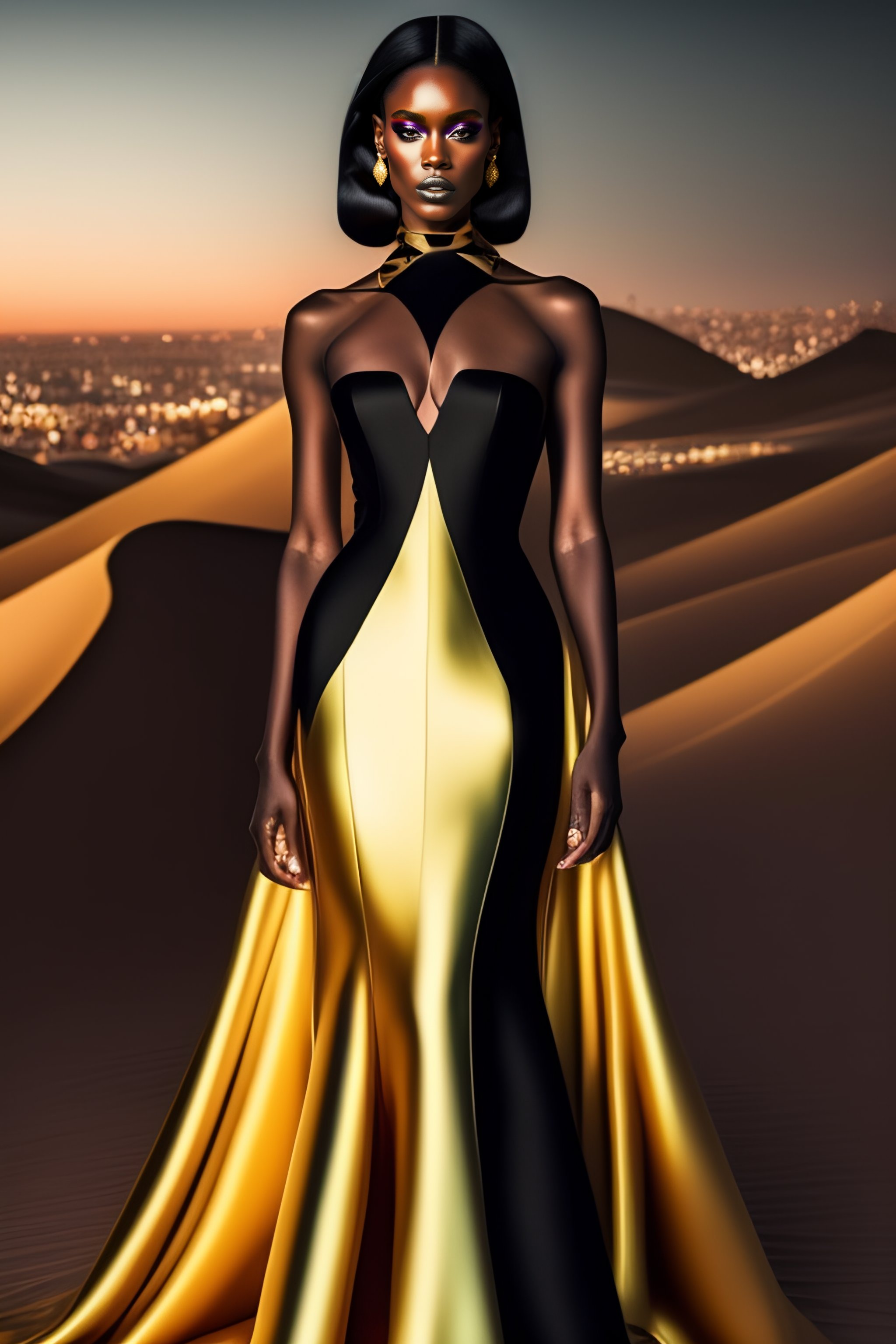 Lexica - Create a futuristic elegant and haute couture evening dress for women that has black ...