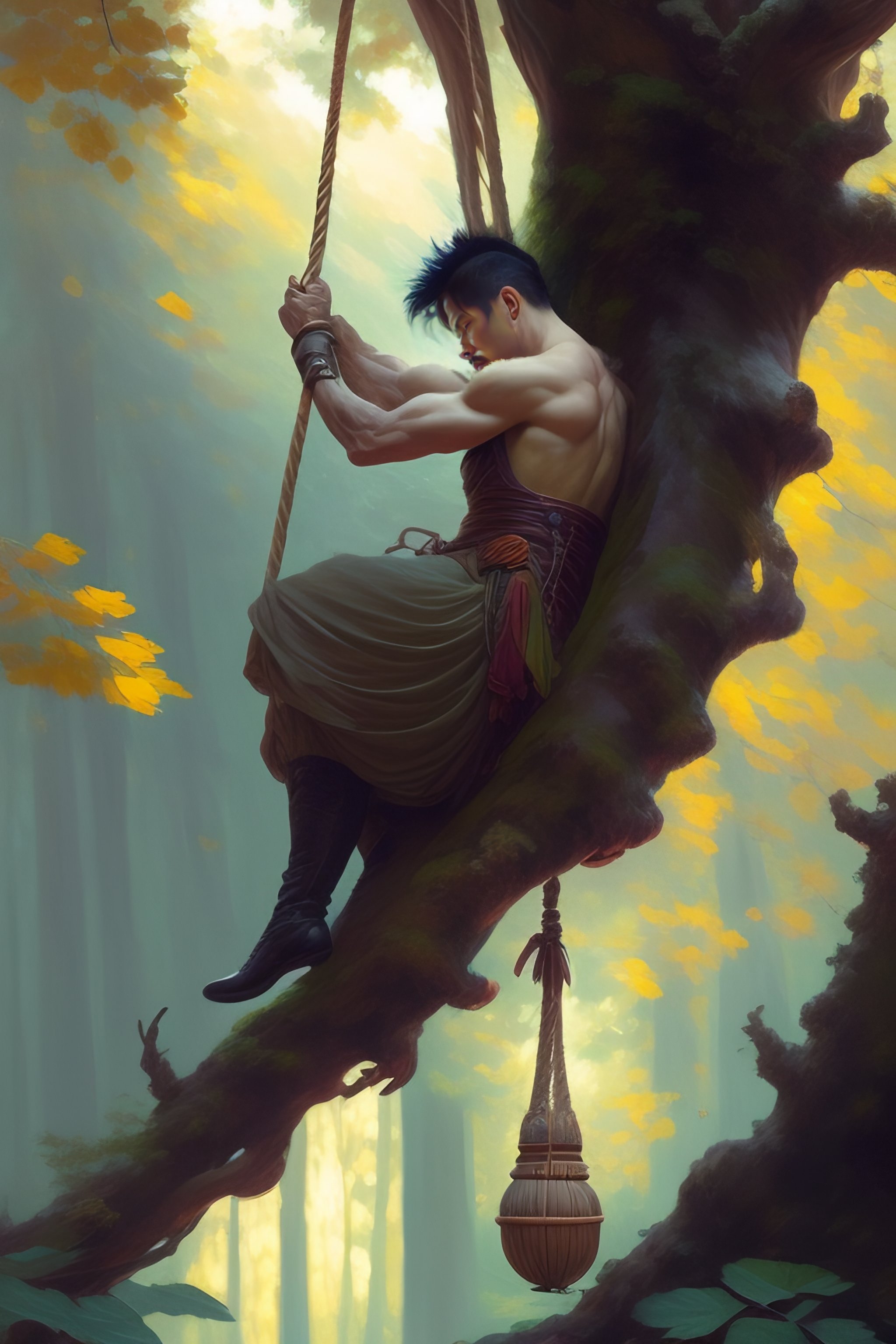Lexica - A man hanging upside down with a rope on a tree painted by tsuyoshi nagano, greg ...