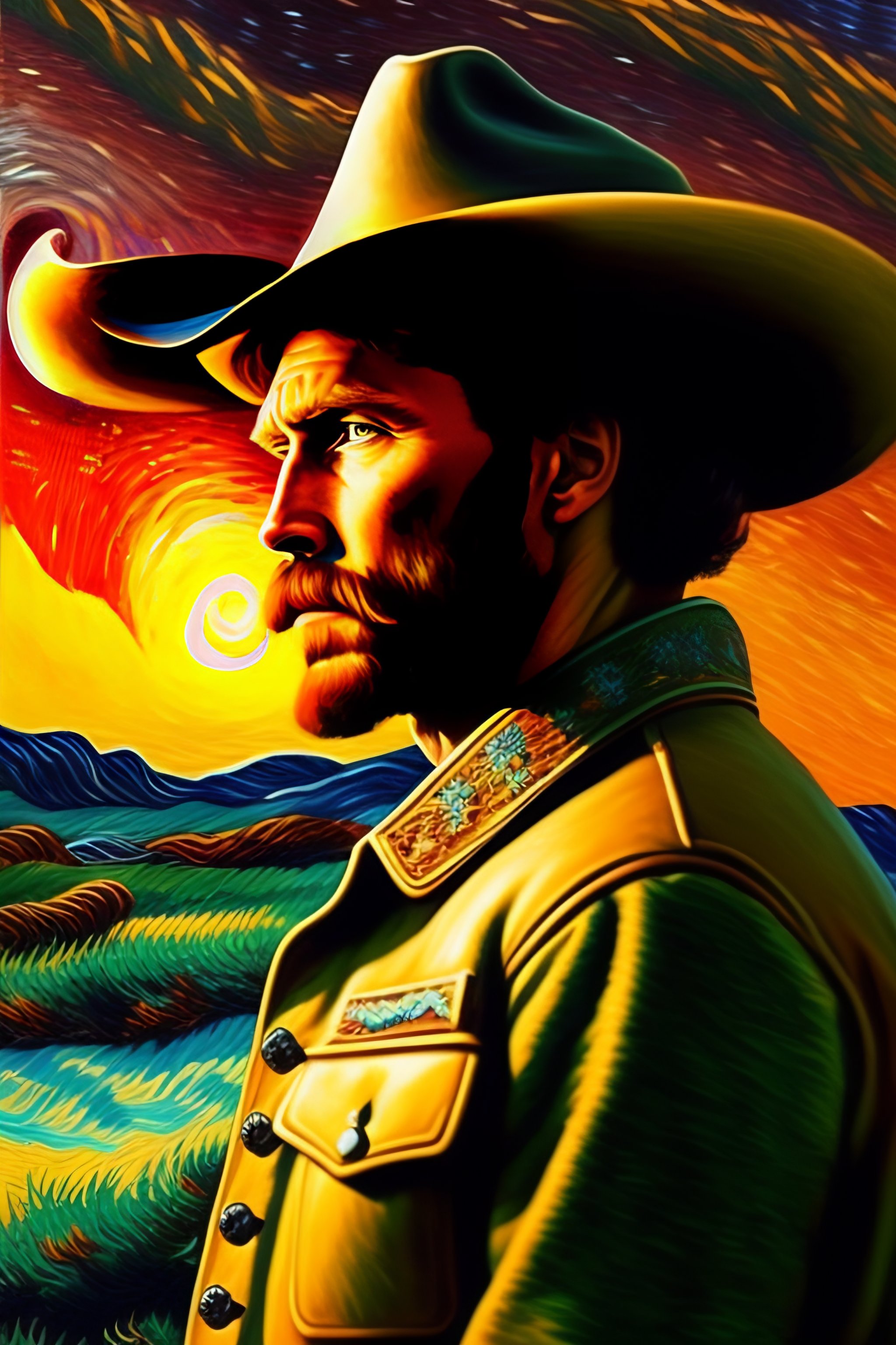 Lexica - On a distant planet a man with a cowboy hat look to the ...