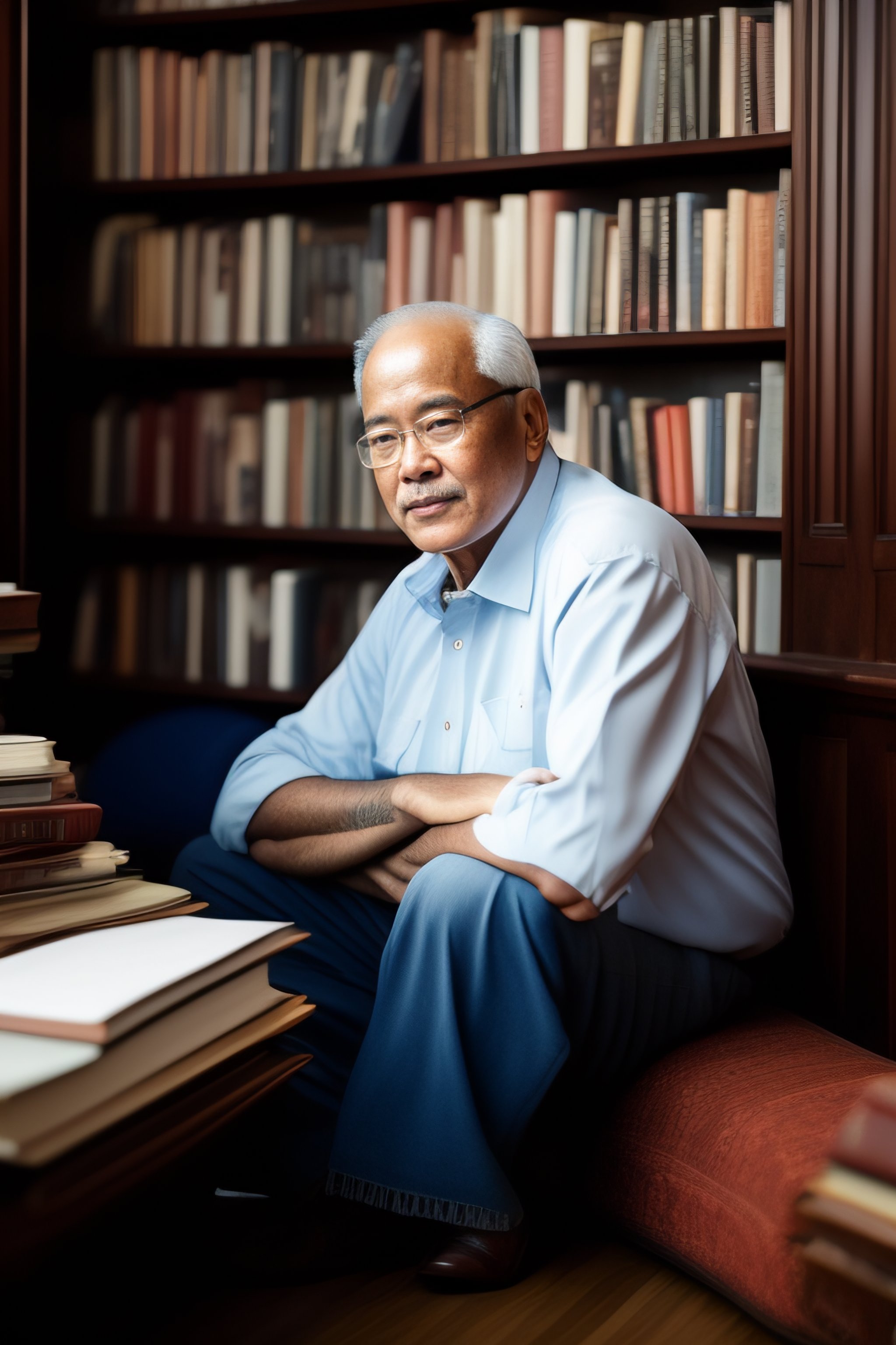 Lexica - An artistic smalltown male writer over 55 in his library
