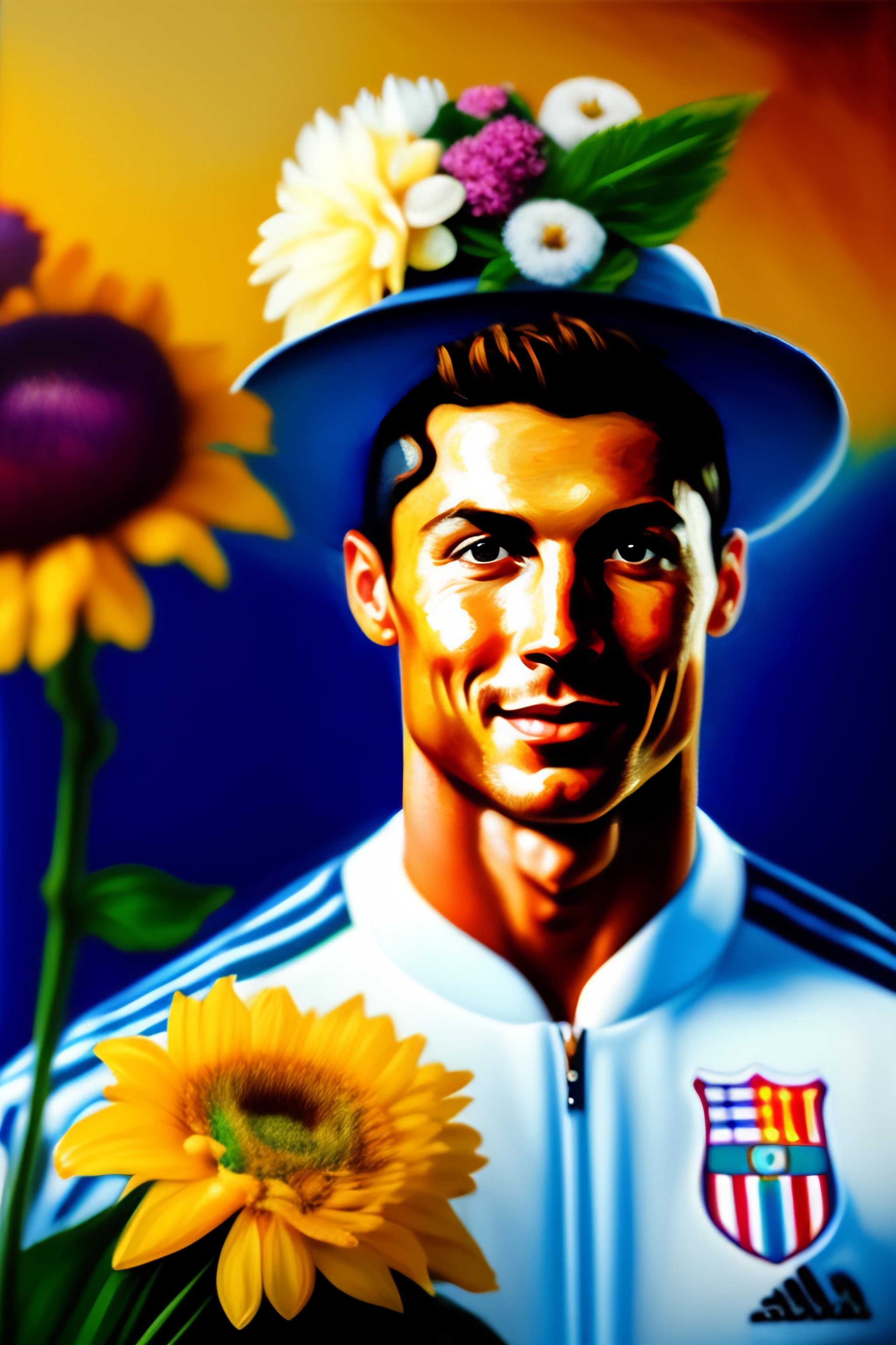 Lexica - A portrait of Cristiano Ronaldo with a hat of flowers, by Van ...