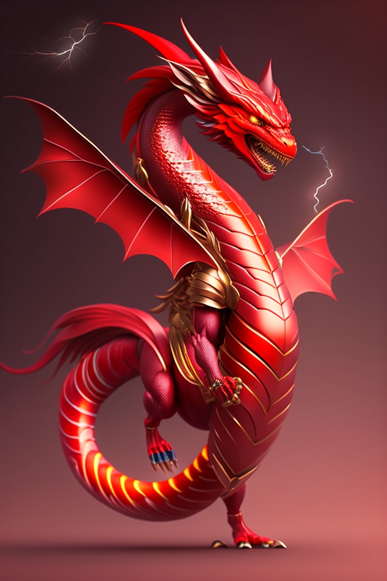 Lexica - Realistic humanoid red dragon in dynamic pose with asword and ...