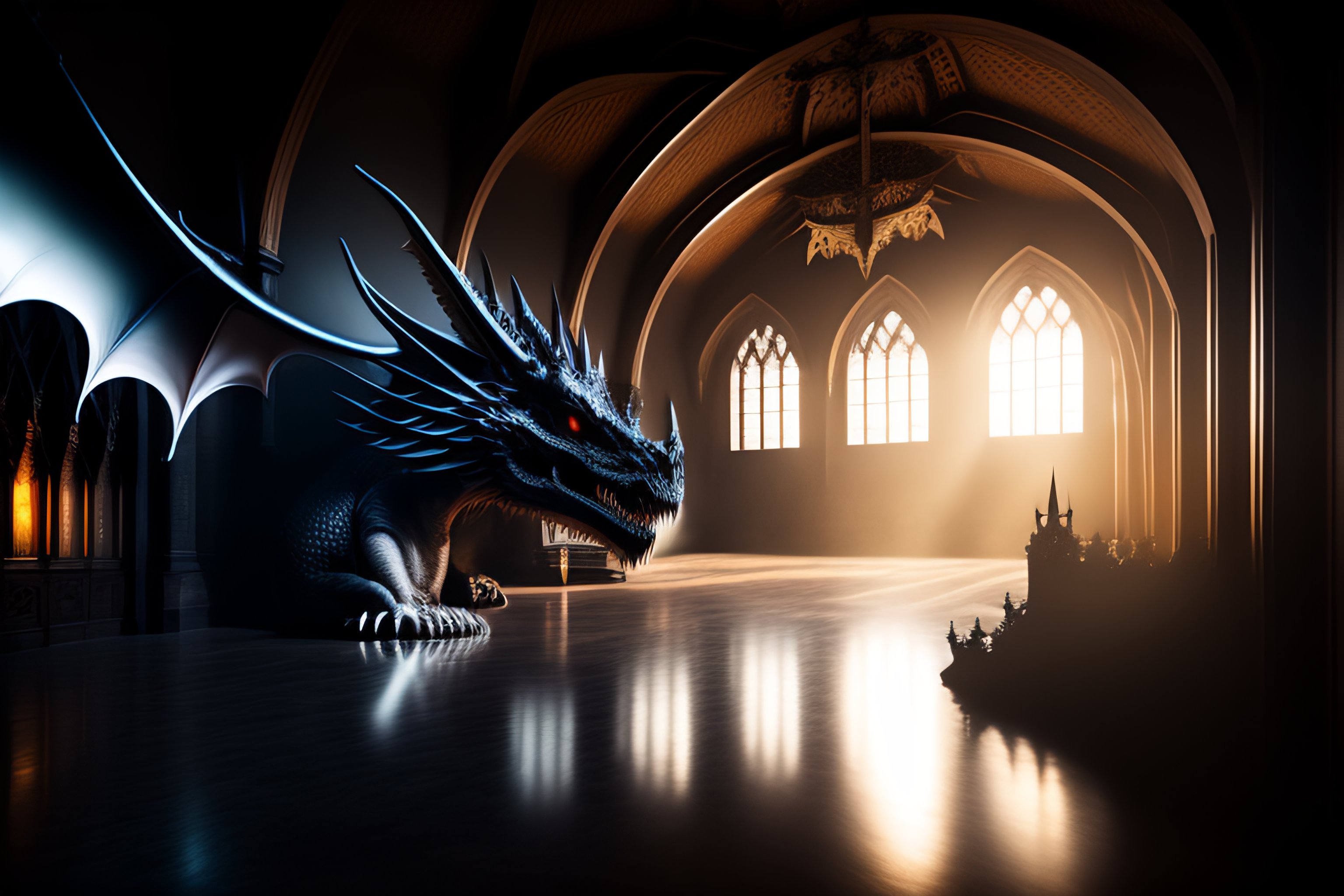 Lexica - Dark fantasy panoramic view of gothic medieval hall with giant ...