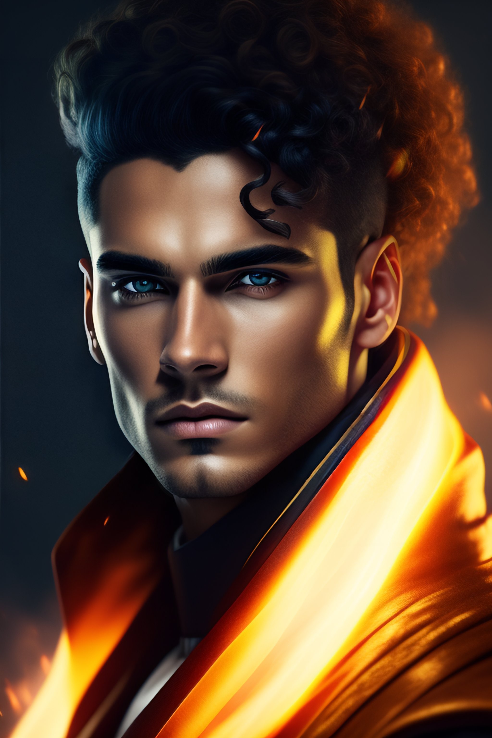 Lexica - Mage male wearing a light robe, curly hair, slightly shaved on ...