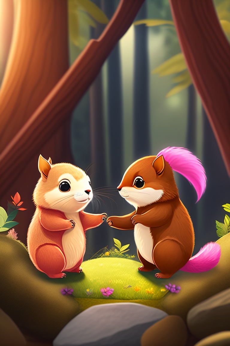 Lexica - An image of Ruby and Oliver, the lost squirrel, holding hands and embarking on their ...