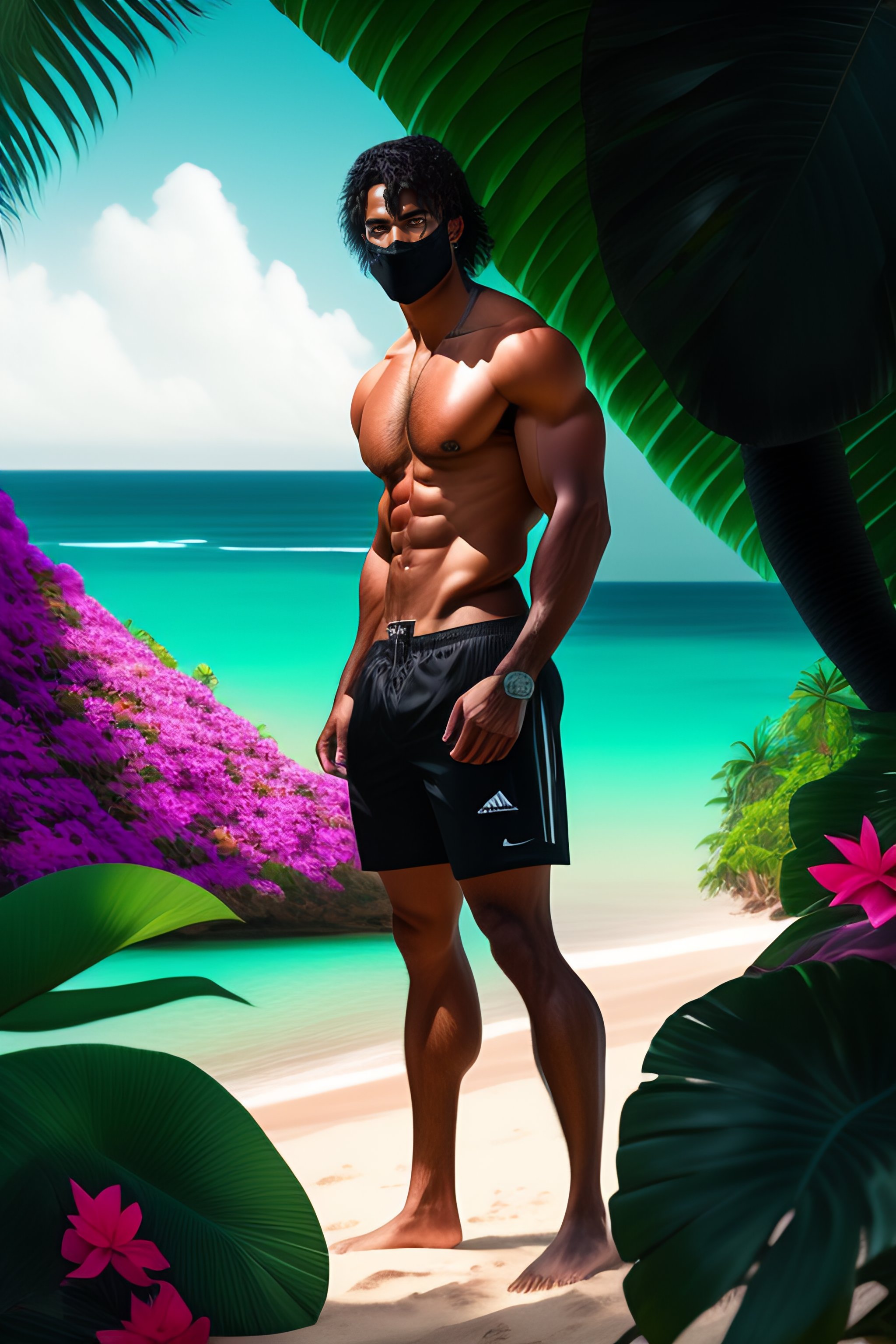 Lexica - Handsome Brazilian mulatto man wearing black swim trunks and ...