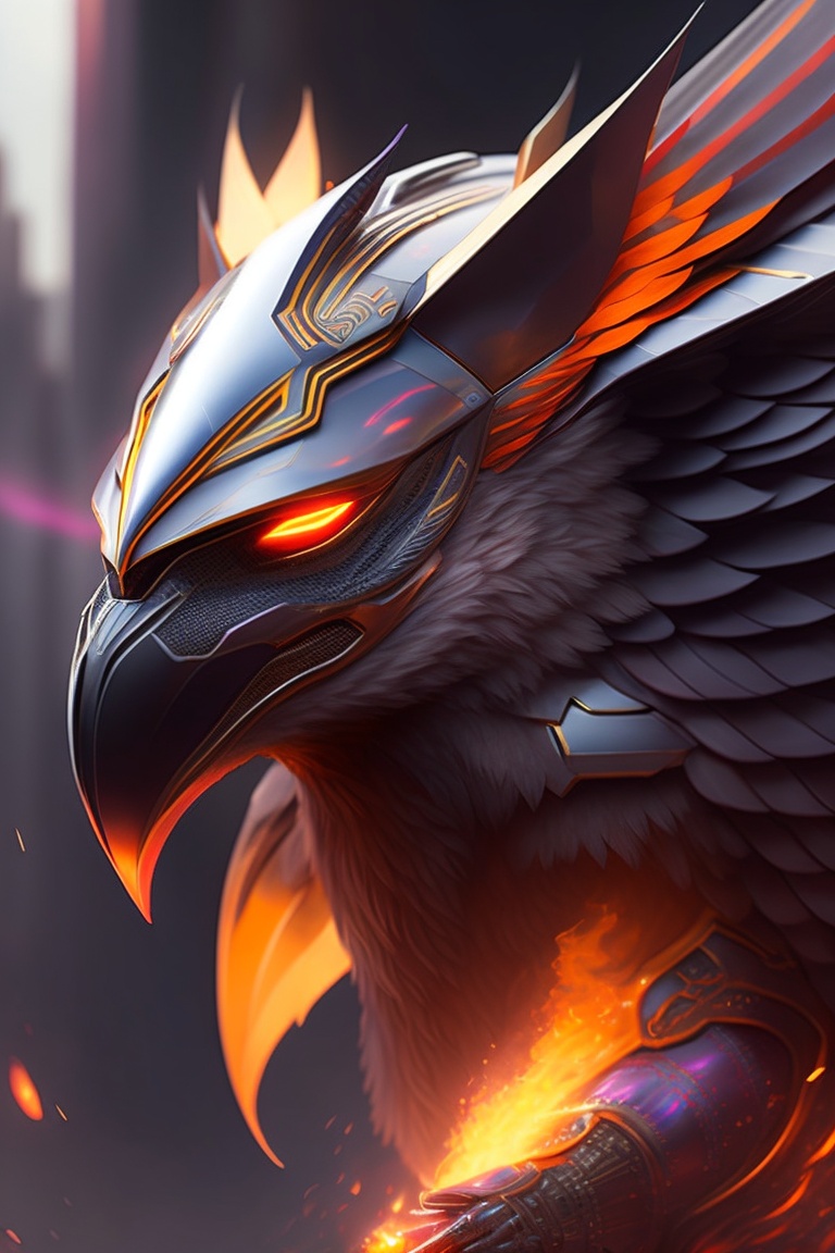 Lexica - A firebird, with shiny armor, futuristic, explosive