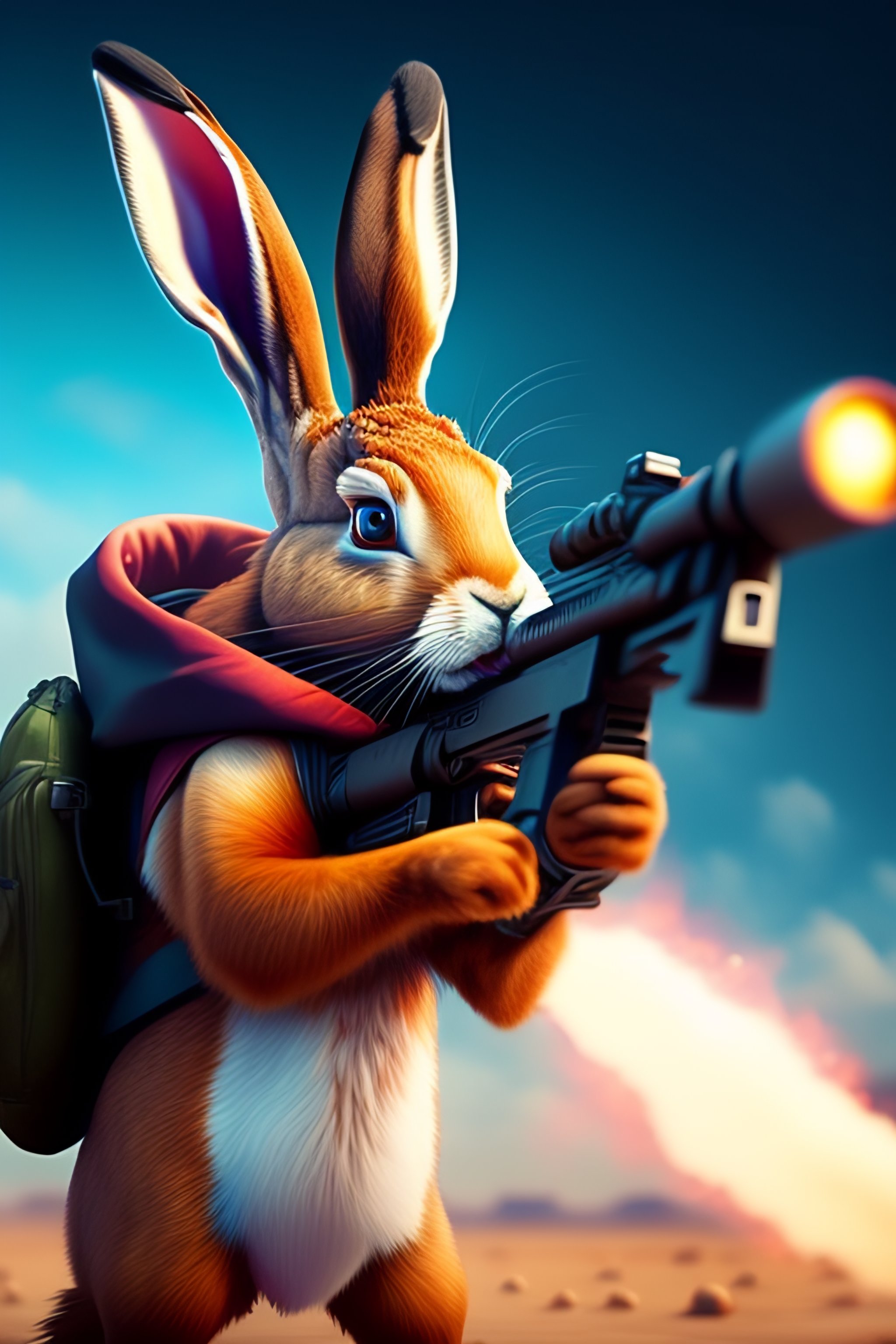 Lexica - A hare wielding a rocket-launcher from a video game.