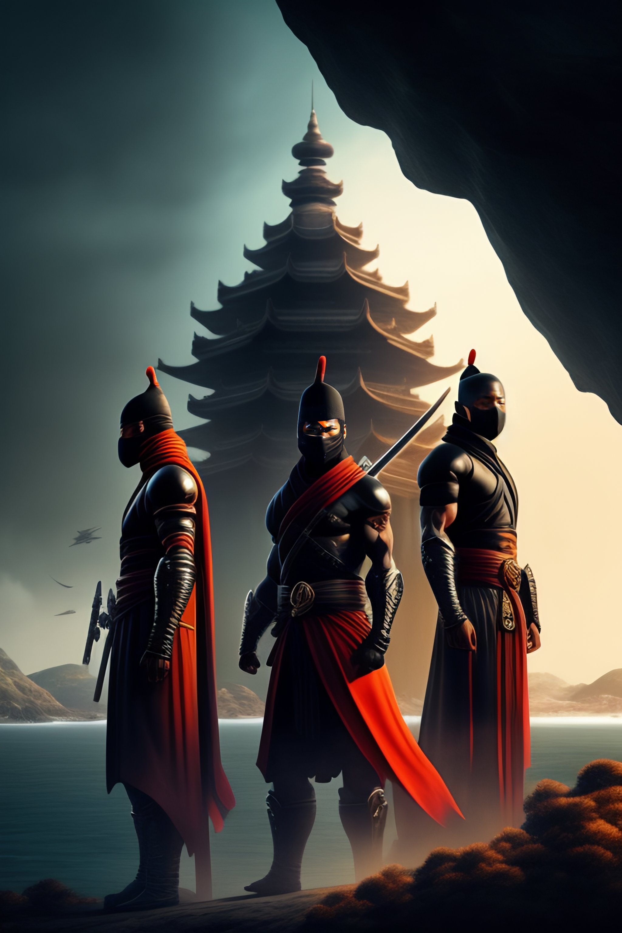 Lexica - 4 black Ninja Assassins standing on s beautiful island with a ...
