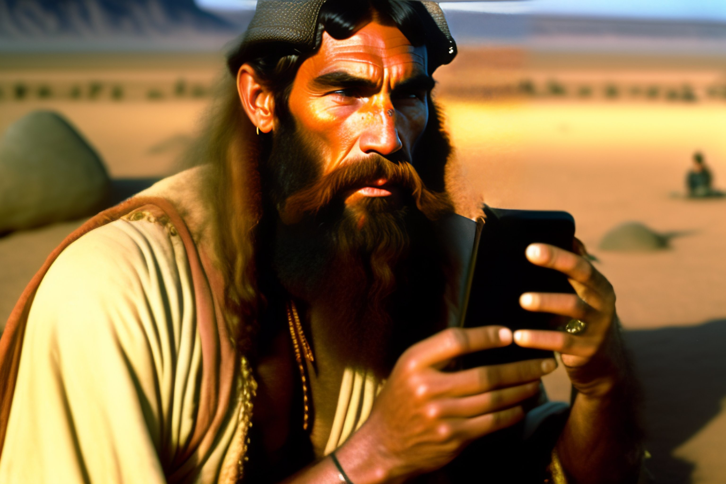 Lexica - Ancient color photo, year 10,000 AD, a Cro-Magnon man, is talking on a smartphone