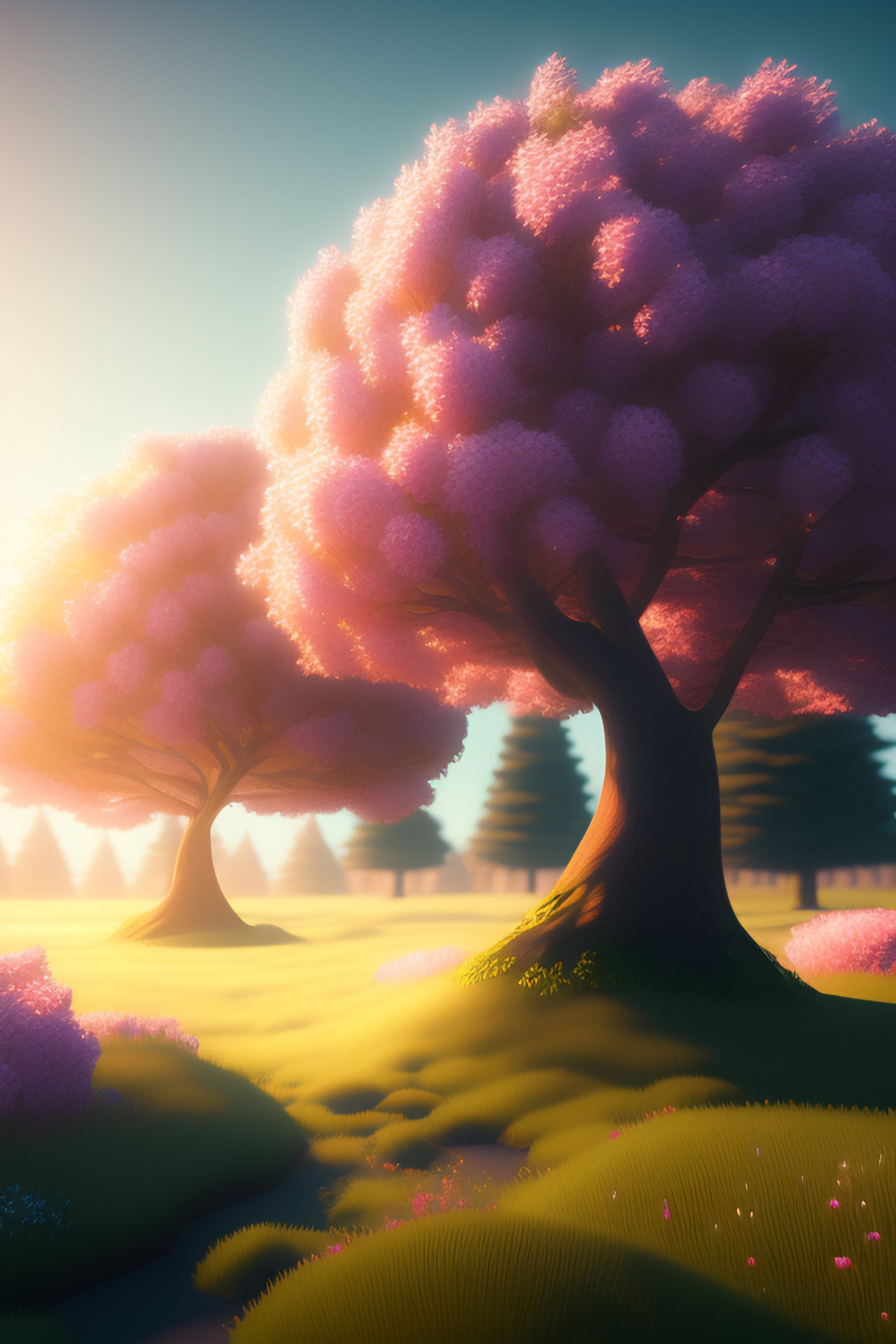 Lexica - Trees in a flowery meadow, 4K octane render, volumetric ...