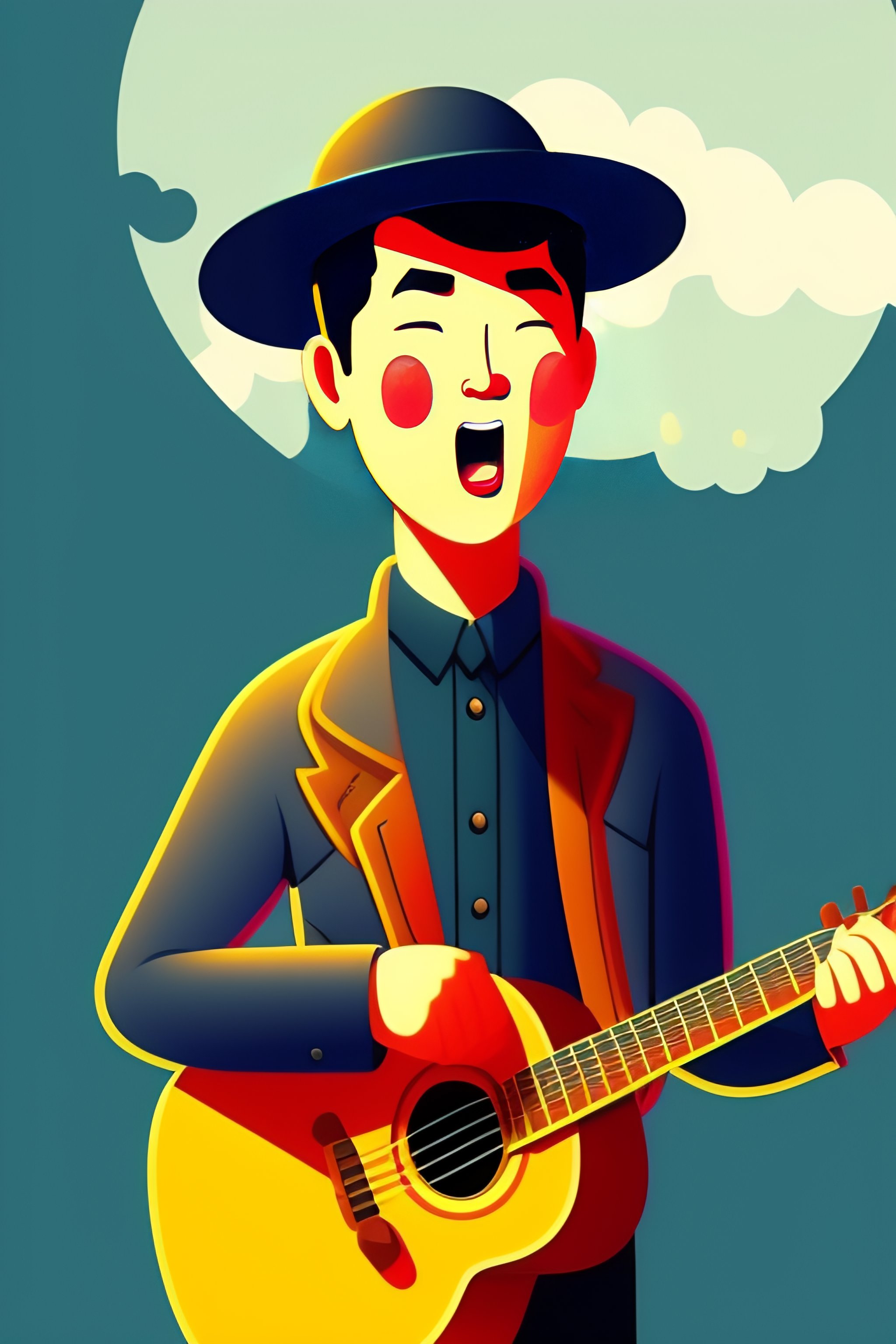 Lexica - Funny Cartoon Type a Taiwanese man wearing hat playing guitar ...