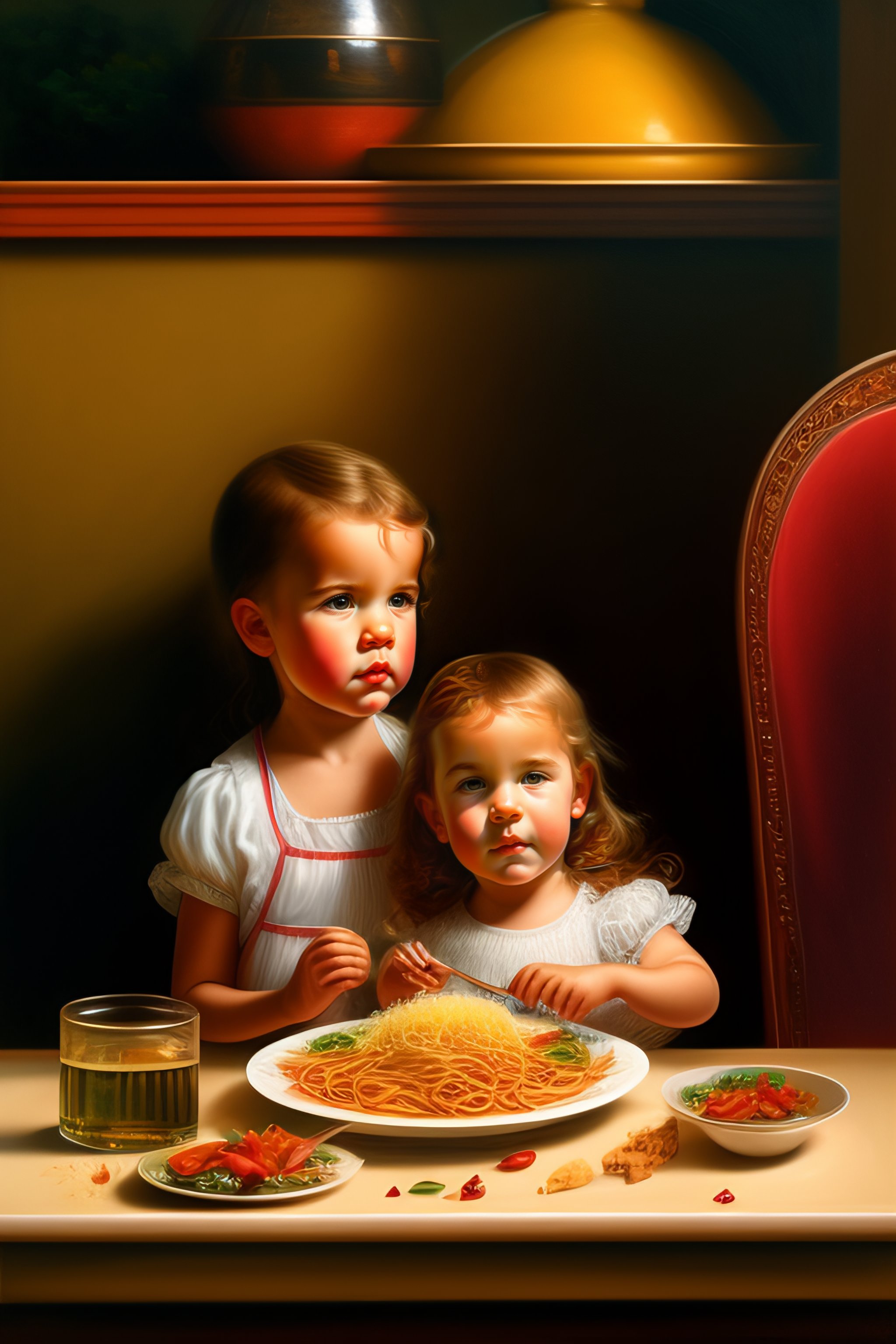 Lexica - Home portrait of family of crickets eating pasta, painting oil