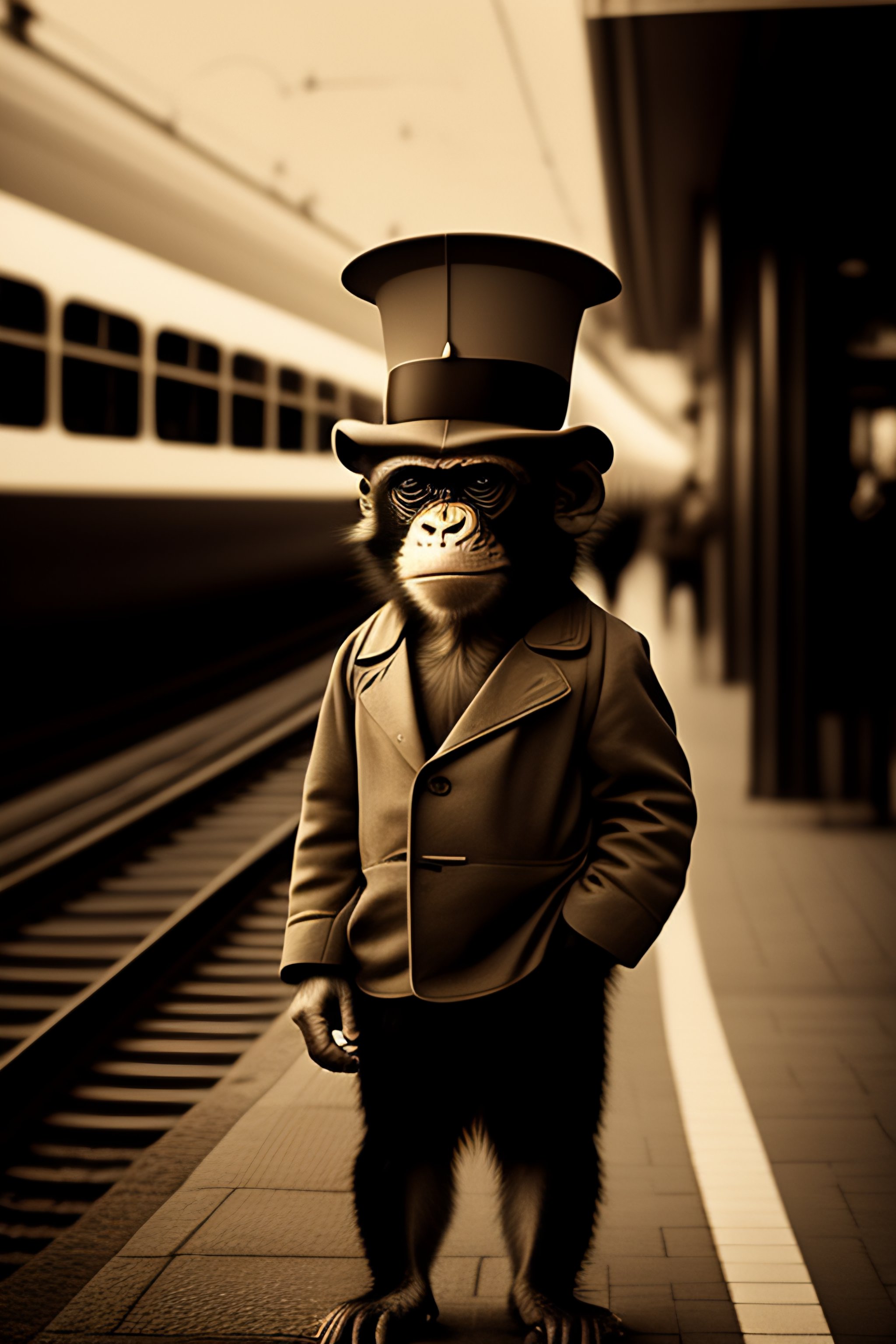 Lexica - A monkey wearing a conductors hat standing at a train station ...
