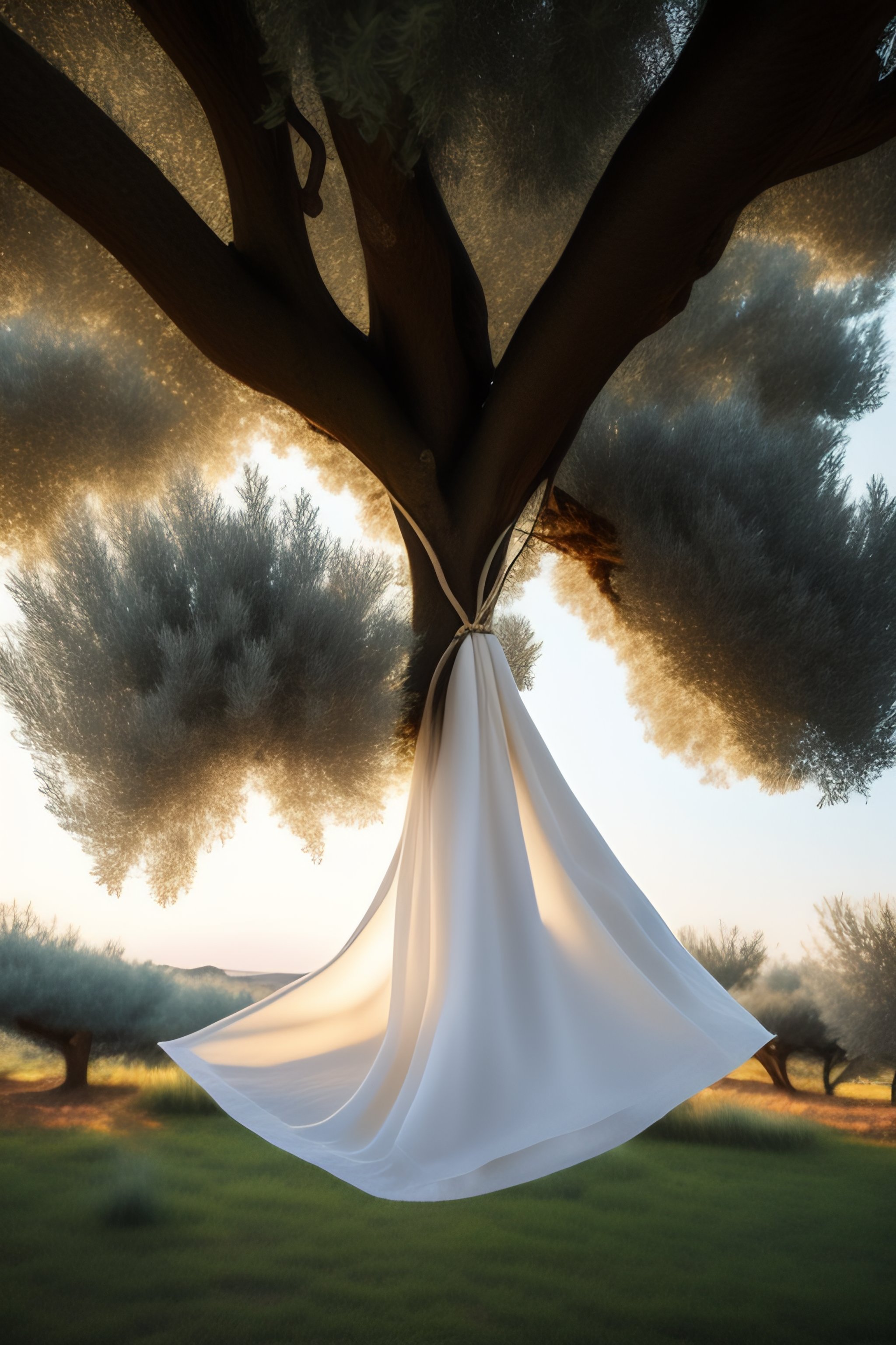 Lexica - A white linen cloth entangled in the branches of an olive tree.